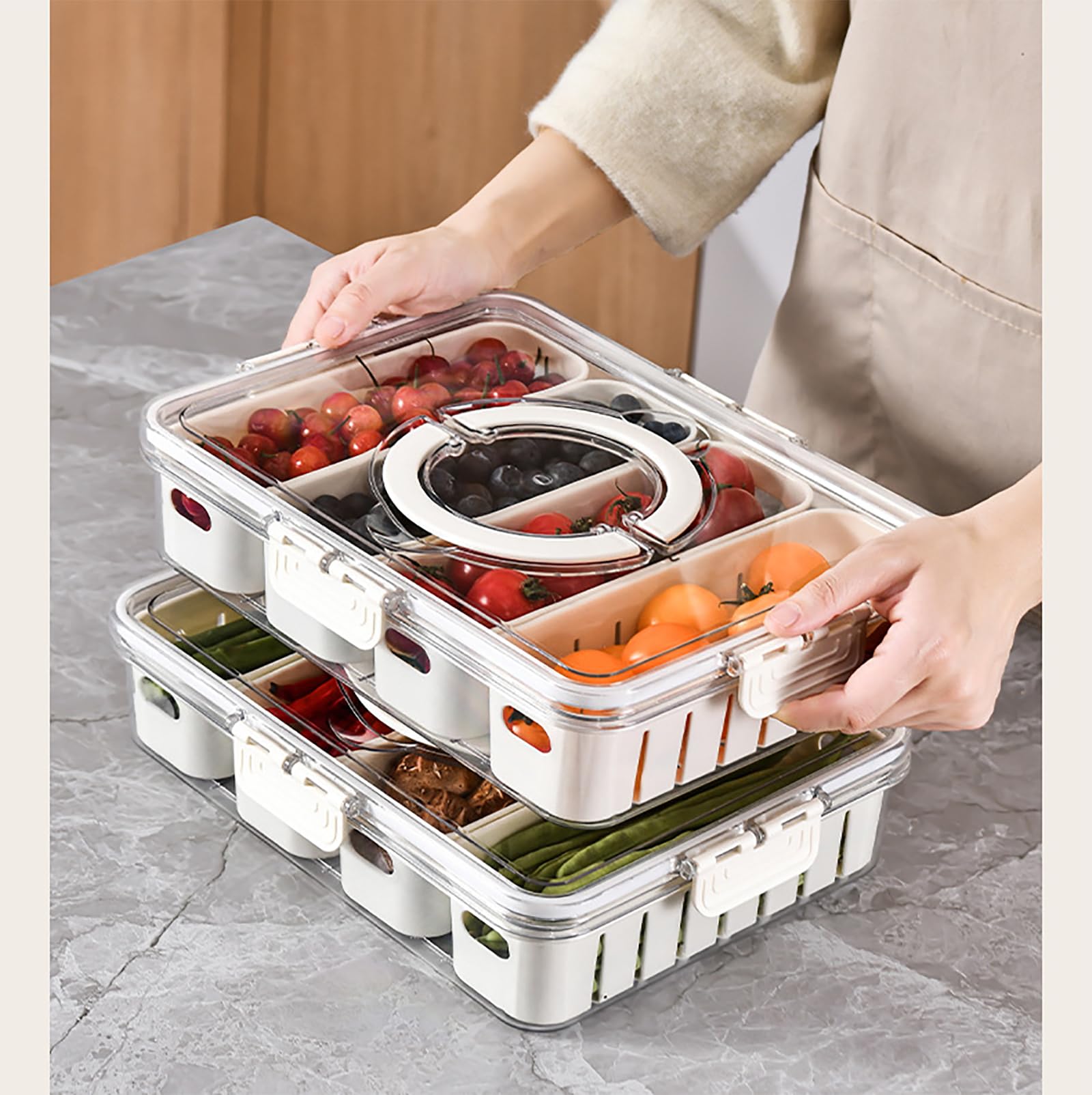 AYangrise 8-Compartment Divided+4 compartments for draining water Divided Clear Food Storage Container with Lid and Handle - Versatile Snack Tray for Refrigerator, Party, Travel, and Picnic