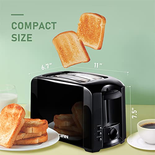KETIAN Toaster 2 Slice Small Compact Electric Bread Black Tosterster,6 Toast Settings, Cancel, Reheat, Defrost Functions, Removable Crumb Tray, 800W(Black)