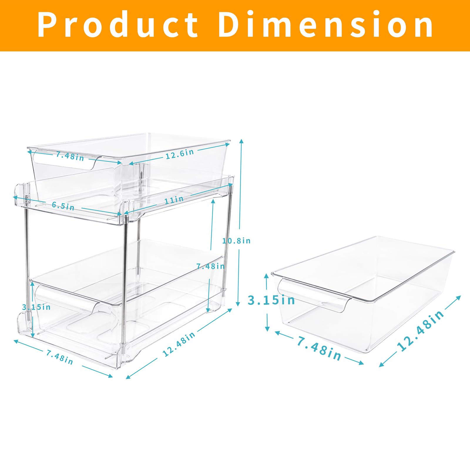 Zero Zoo 4Pack 2-Tier Bathroom Storage Organizer, Clear Under Sink Organizers Kitchen Vanity Counter Storage Container, Medicine Cabinet Drawers Bins, Pull-Out Organization with Track for Pantry