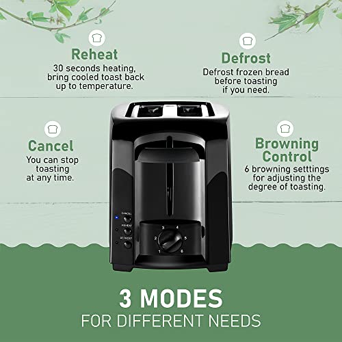 KETIAN Toaster 2 Slice Small Compact Electric Bread Black Tosterster,6 Toast Settings, Cancel, Reheat, Defrost Functions, Removable Crumb Tray, 800W(Black)
