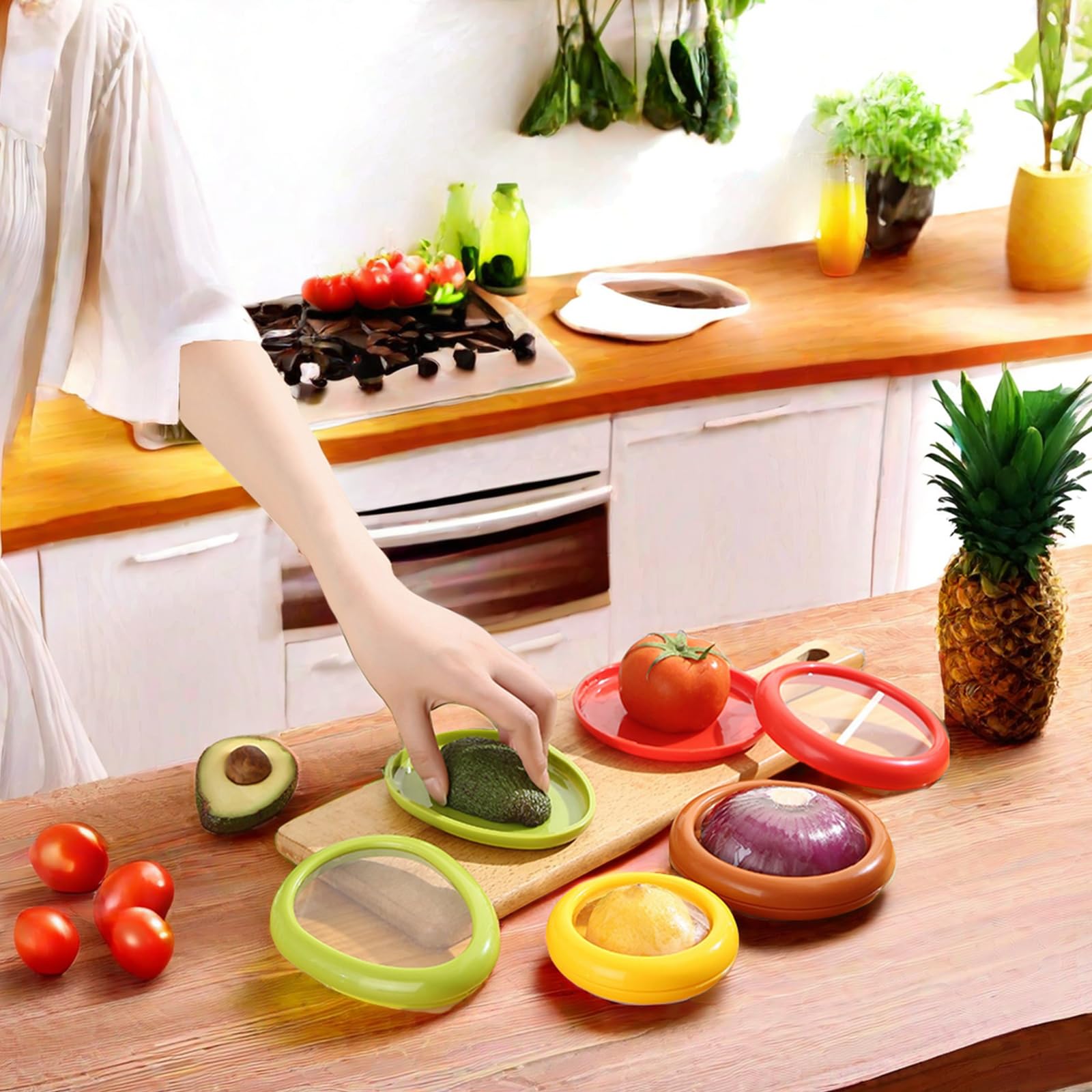jaxiria 4Pack Fruit Vegetable Storage Holder Set - Avocado Onion Saver Box - Silicone Storage Containers for Fridge Keep Fresh