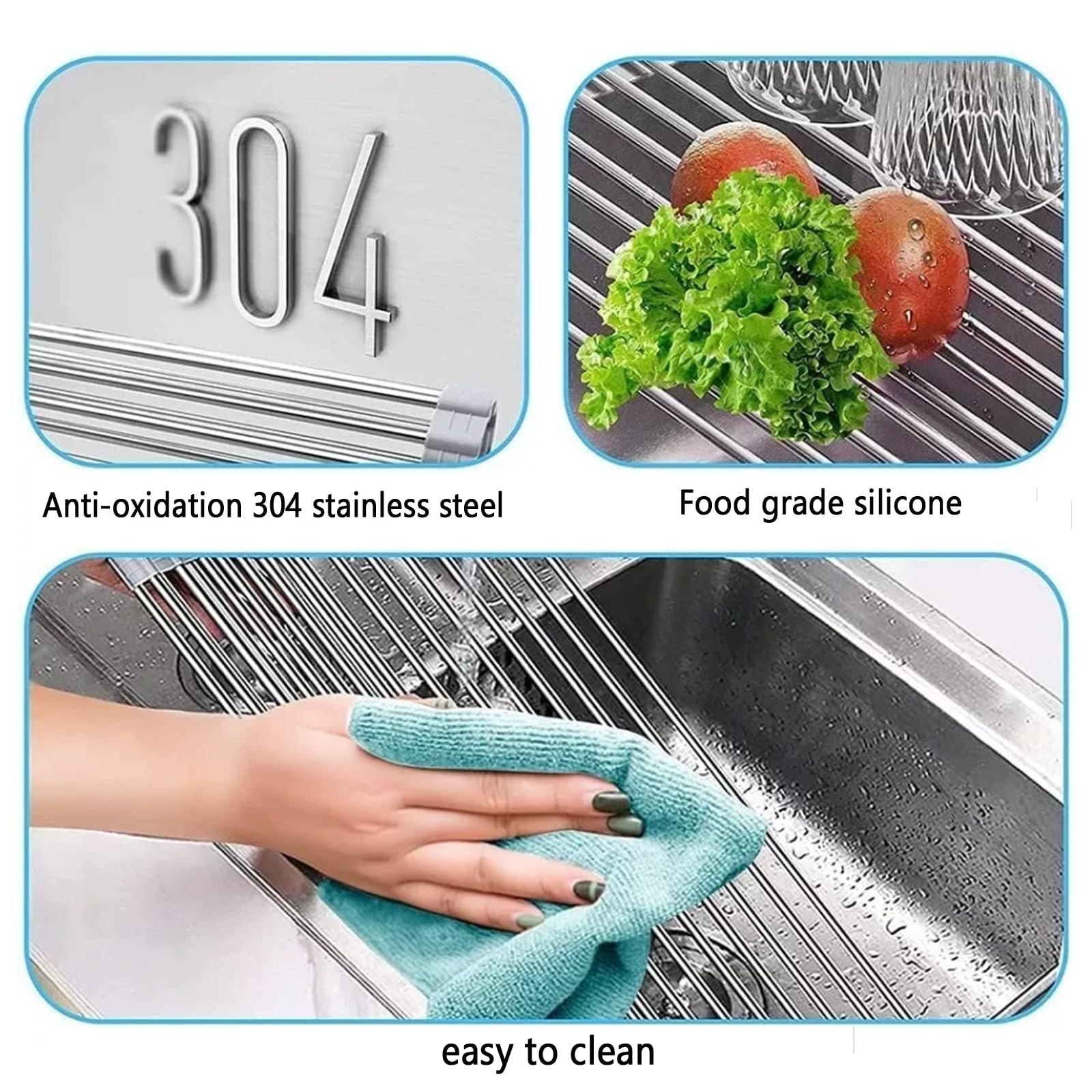 Antspertor Large Roll Up Dish Drying Rack, Over The Sink Multipurpose Roll-Up Dish Racks, 20.5" L x 16" W(Gray) Rolling Stainless Steel Dish Drainer Portable Foldable for Kitchen Counter