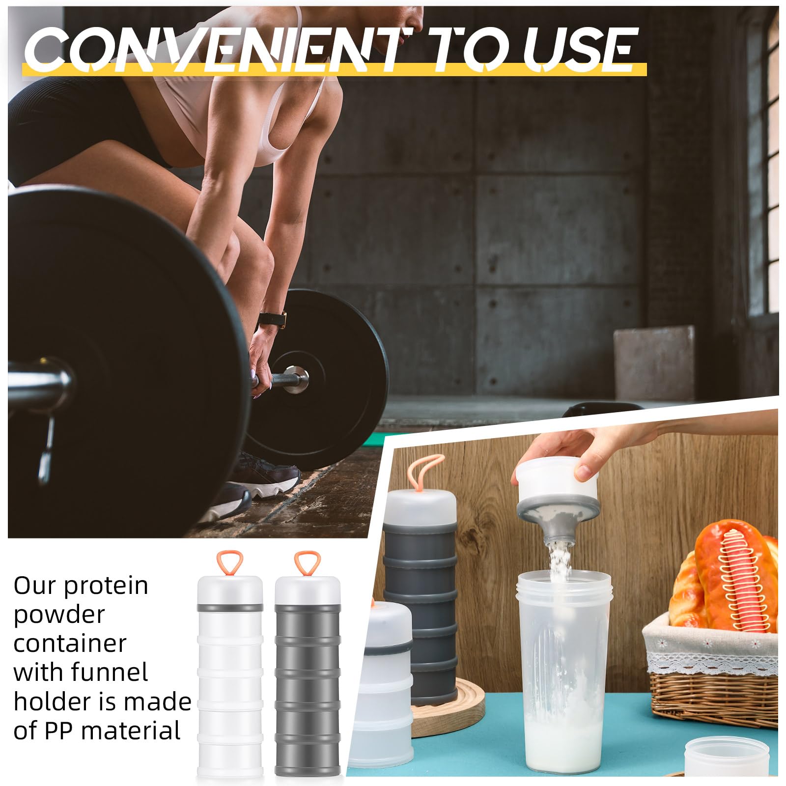Baderke 4 Pcs Protein Powder Container 5 Layers Stackable Leakproof Container Powder Dispenser with Funnels Stand Keychain Flour Container for Workout Fitness(Gray, White)
