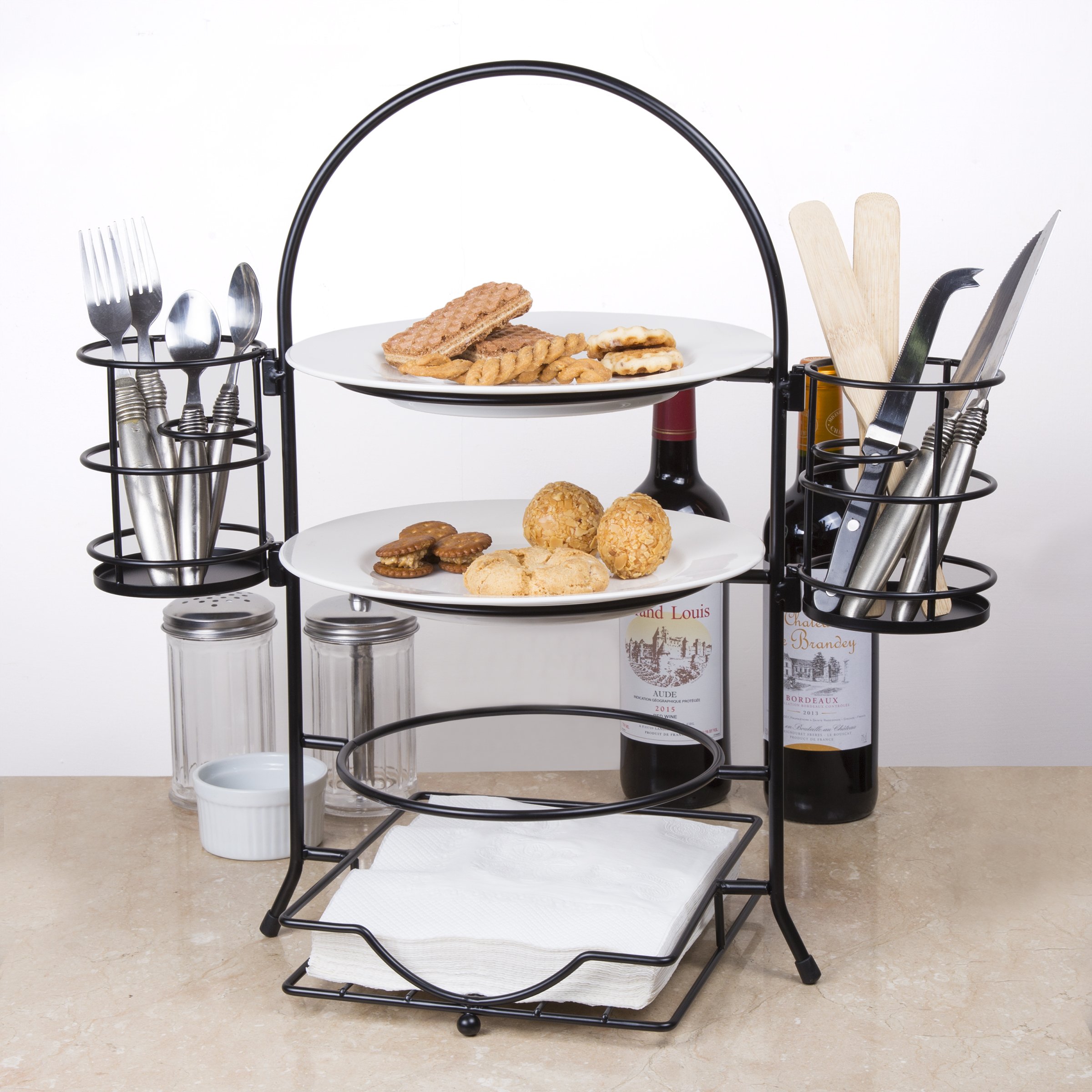 Creative Home 3-Tier Plate Rack Napkin Holder Buffet Caddy Storage Organizer with Removable Flatware Utensil Holder, Black