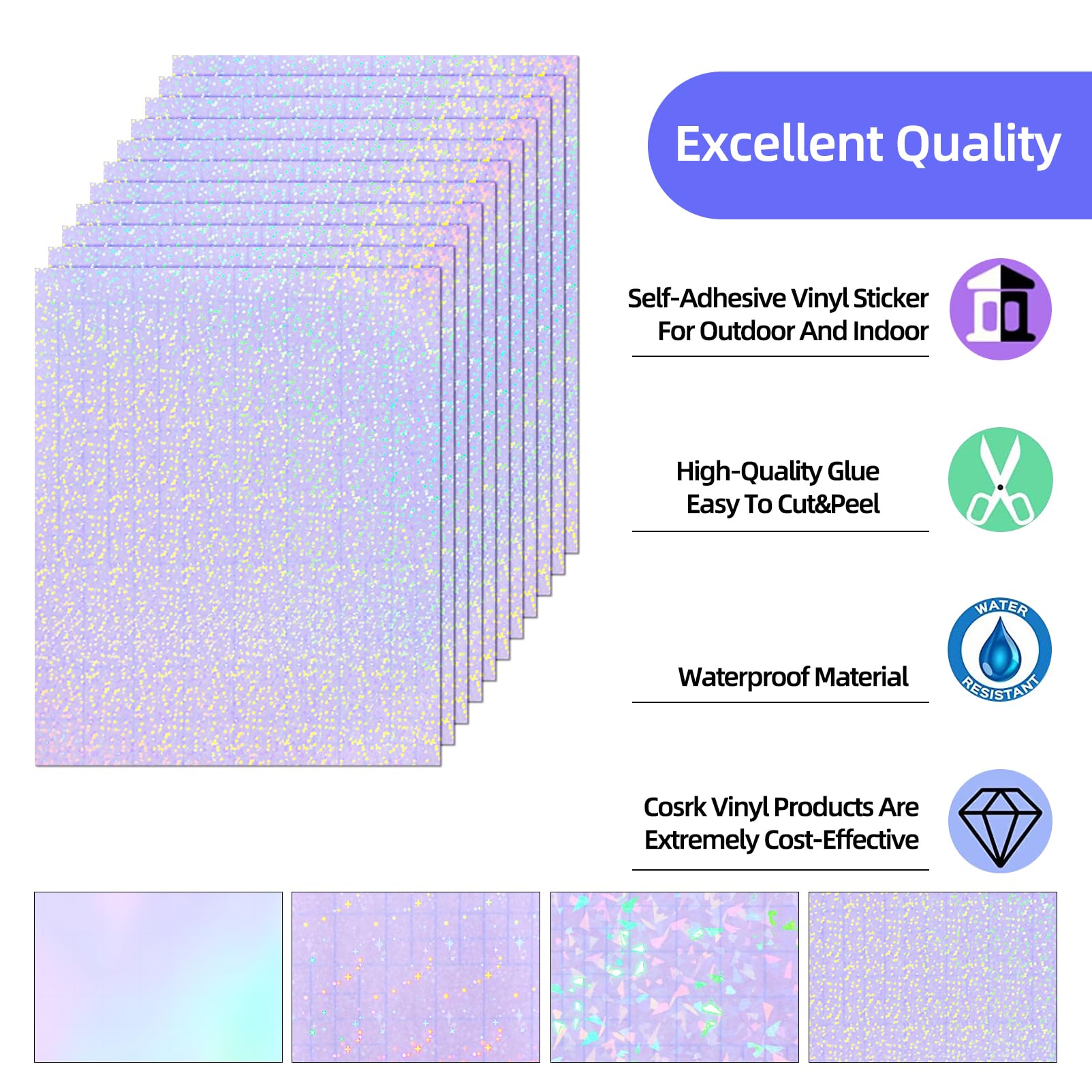 36 Sheets Holographic Sticker Paper, Transparent Holographic Vinyl Laminate Film, Clear Overlay Lamination Sticker Paper Self Adhesive Waterproof - Gem, Dot, Colorful, Star Patterns/8.5x11 inch