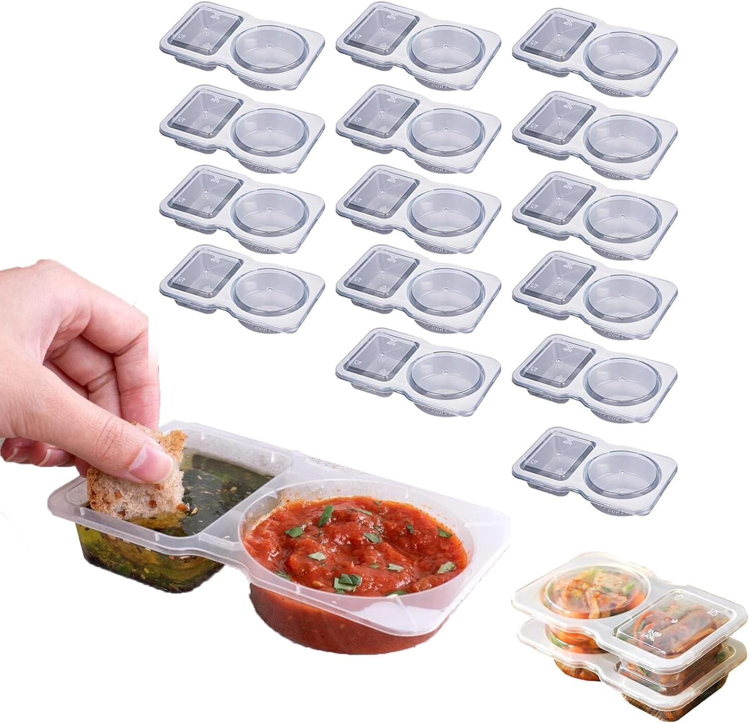 Reusable Snack Packs 2 Compartments, Snack Packs Containers Reusable, Double Condiment Containers with Lids, Portable Reusable Sauce Container,for Condiment, Dip, Sauce, and Snacks(15pcs)