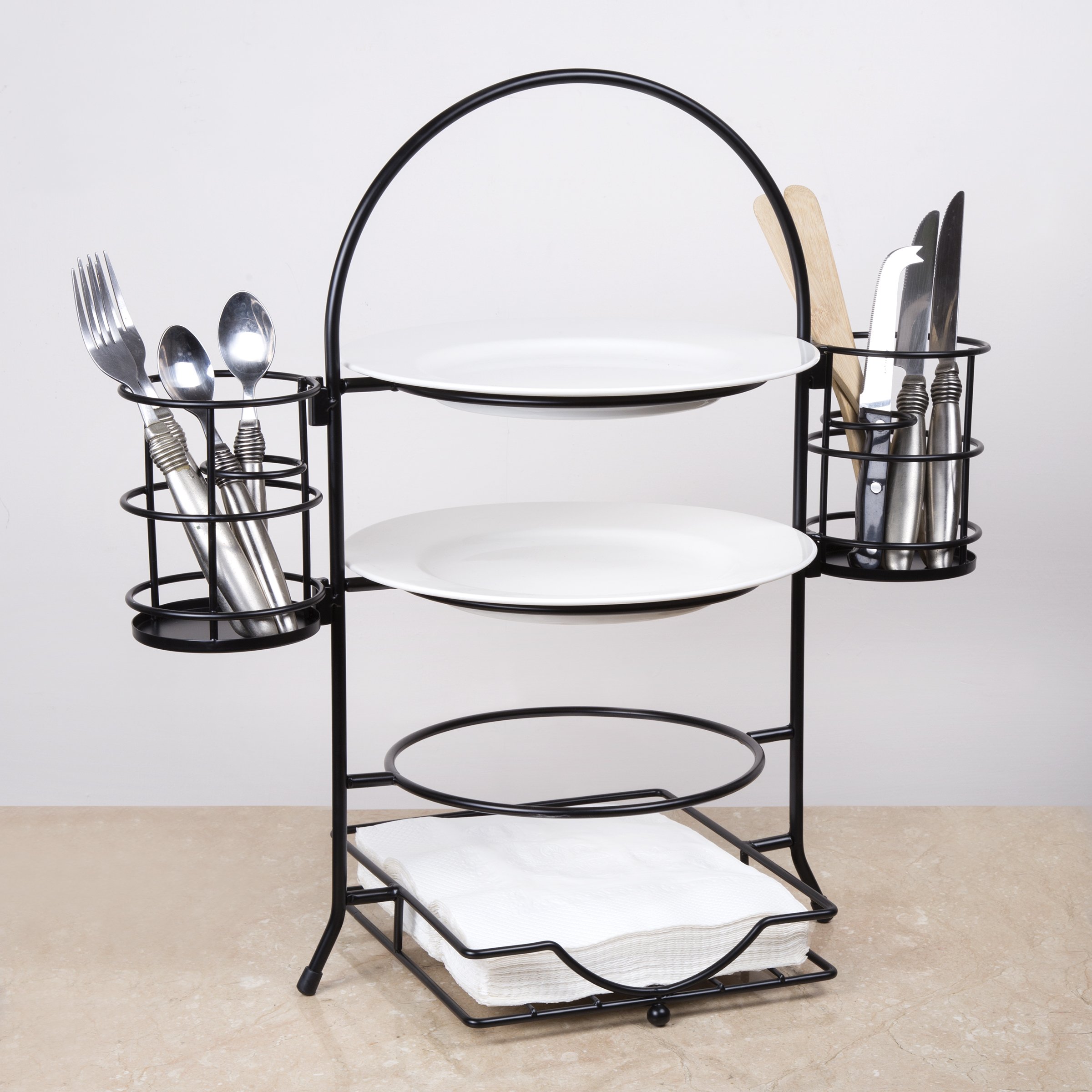 Creative Home 3-Tier Plate Rack Napkin Holder Buffet Caddy Storage Organizer with Removable Flatware Utensil Holder, Black