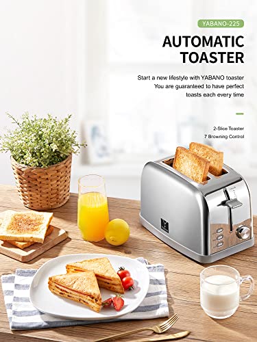 2 Slice Toaster, Retro Bagel Toaster Toaster with 7 Bread Shade Settings, 2 Extra Wide Slots, Defrost/Bagel/Cancel Function, Removable Crumb Tray, Stainless Steel Toaster by Yabano, Silver