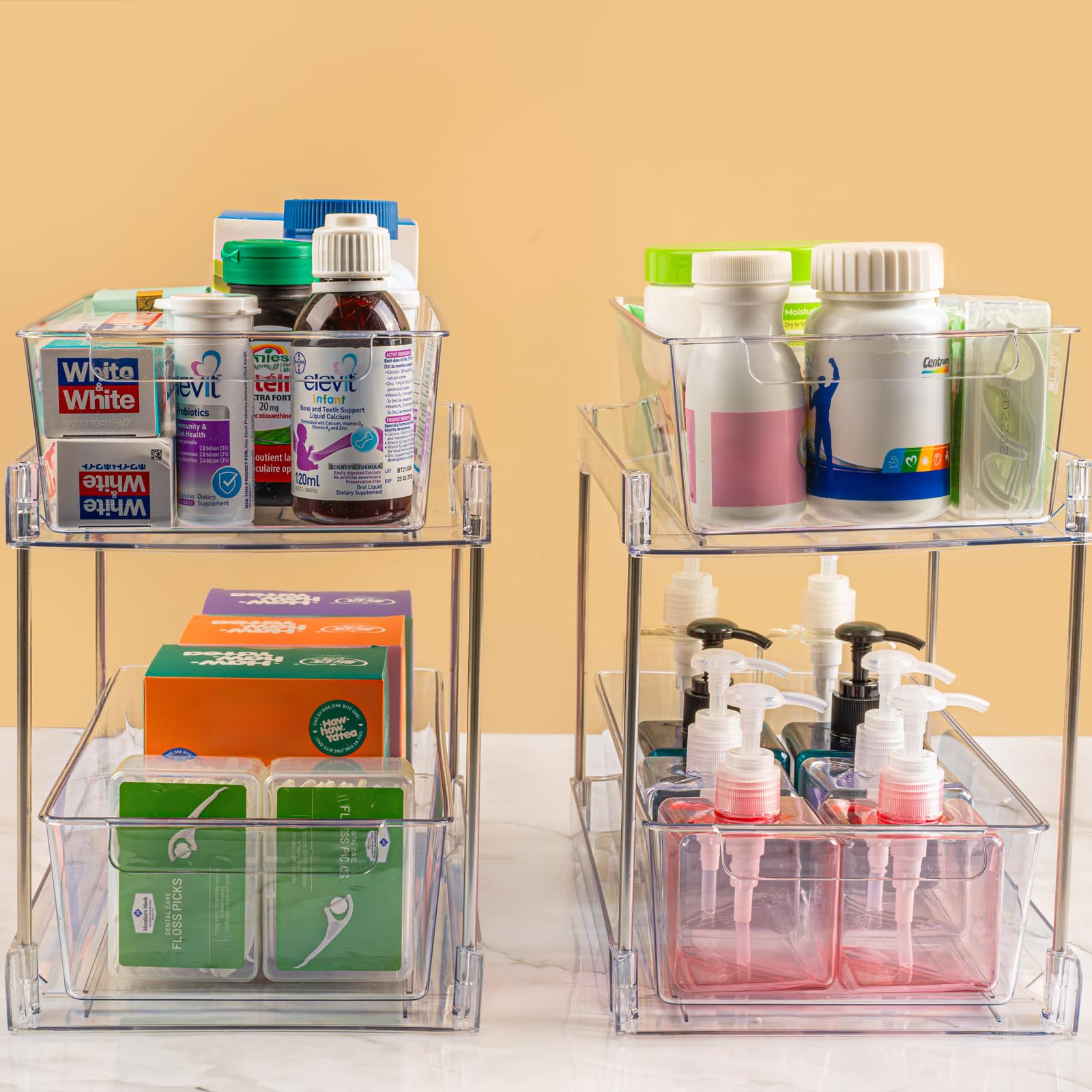 Zero Zoo 4Pack 2-Tier Bathroom Storage Organizer, Clear Under Sink Organizers Kitchen Vanity Counter Storage Container, Medicine Cabinet Drawers Bins, Pull-Out Organization with Track for Pantry