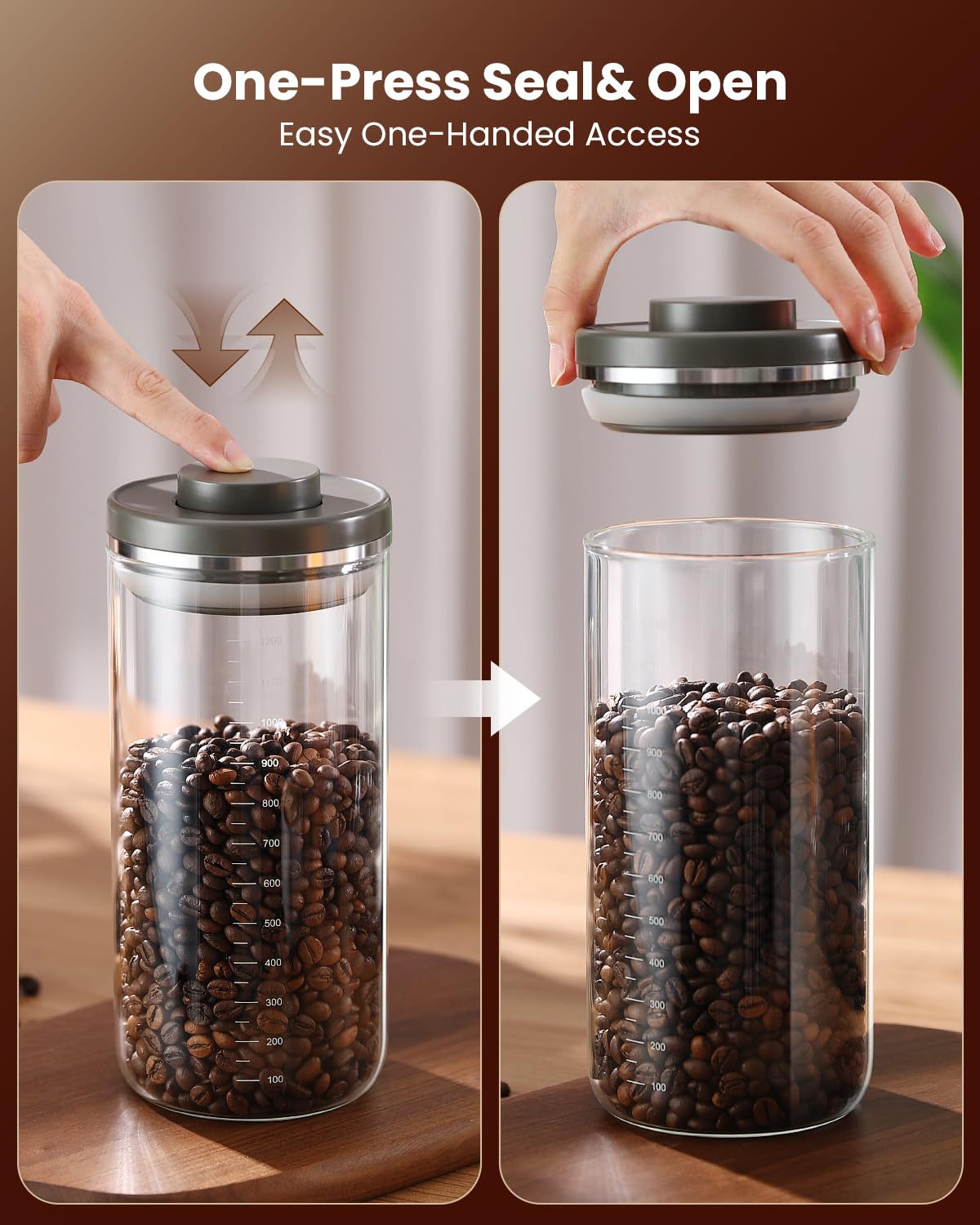 One-Press Button Coffee Canister with Airtight Lid, Borosilicate Glass Coffee Container with PP Silicone Lid, Food Storage Container for Grounds Coffee, 1lb Beans, Flour, Cereal, Sugar