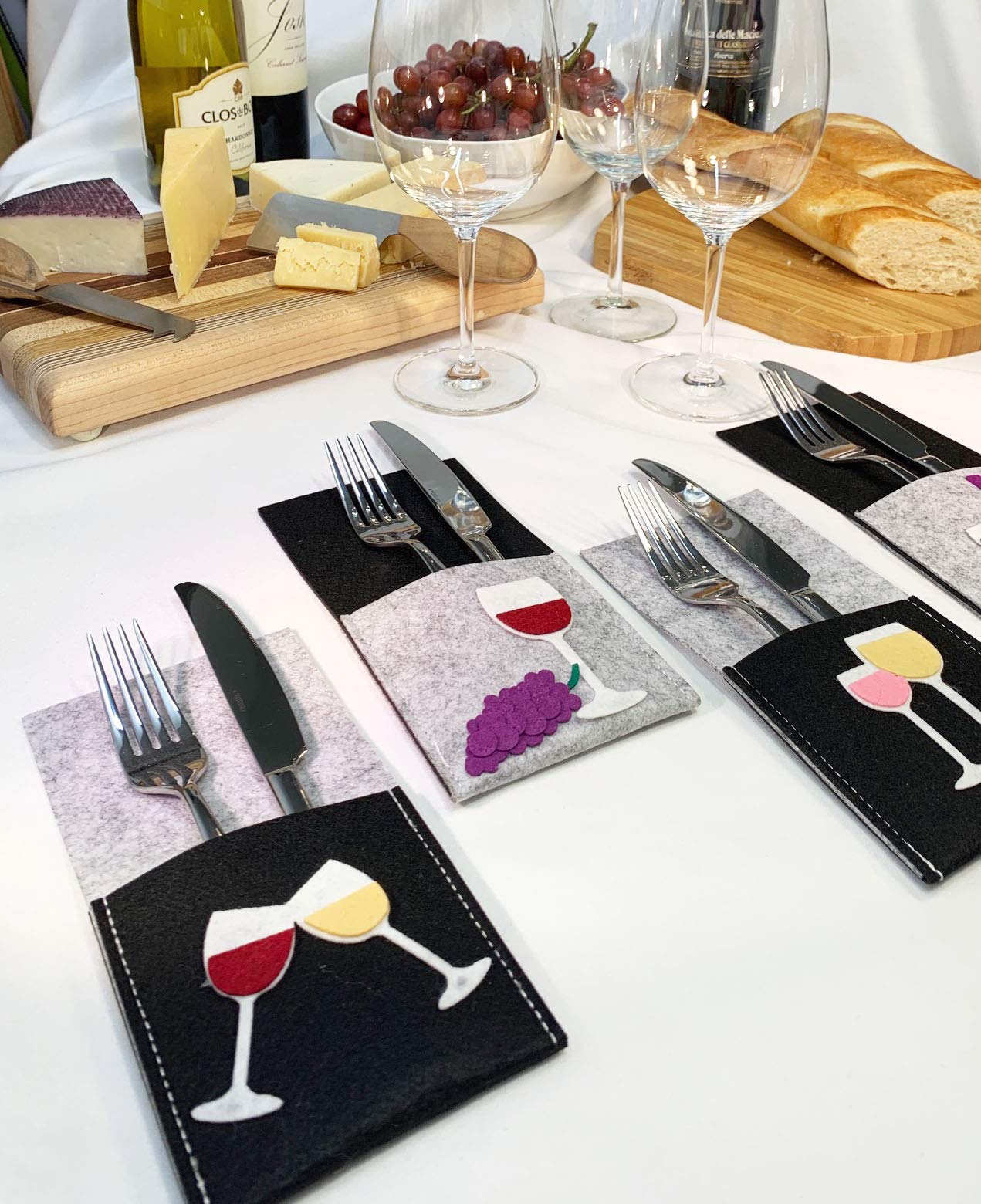 Wine Tasting Party Silverware Holders - 8 Pack Made of Sturdy, Colorful Felt with Fun Wine Bottle, Glass and Grape Images. Terrific for Entertaining or Book Club Hostess or House Warming Gift