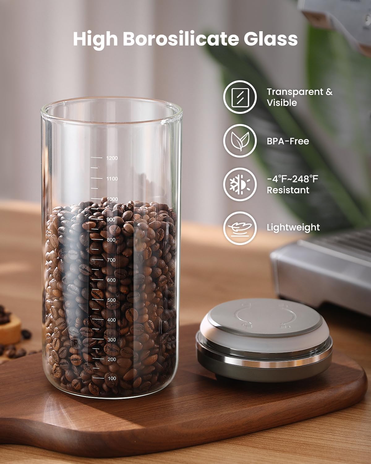 One-Press Button Coffee Canister with Airtight Lid, Borosilicate Glass Coffee Container with PP Silicone Lid, Food Storage Container for Grounds Coffee, 1lb Beans, Flour, Cereal, Sugar