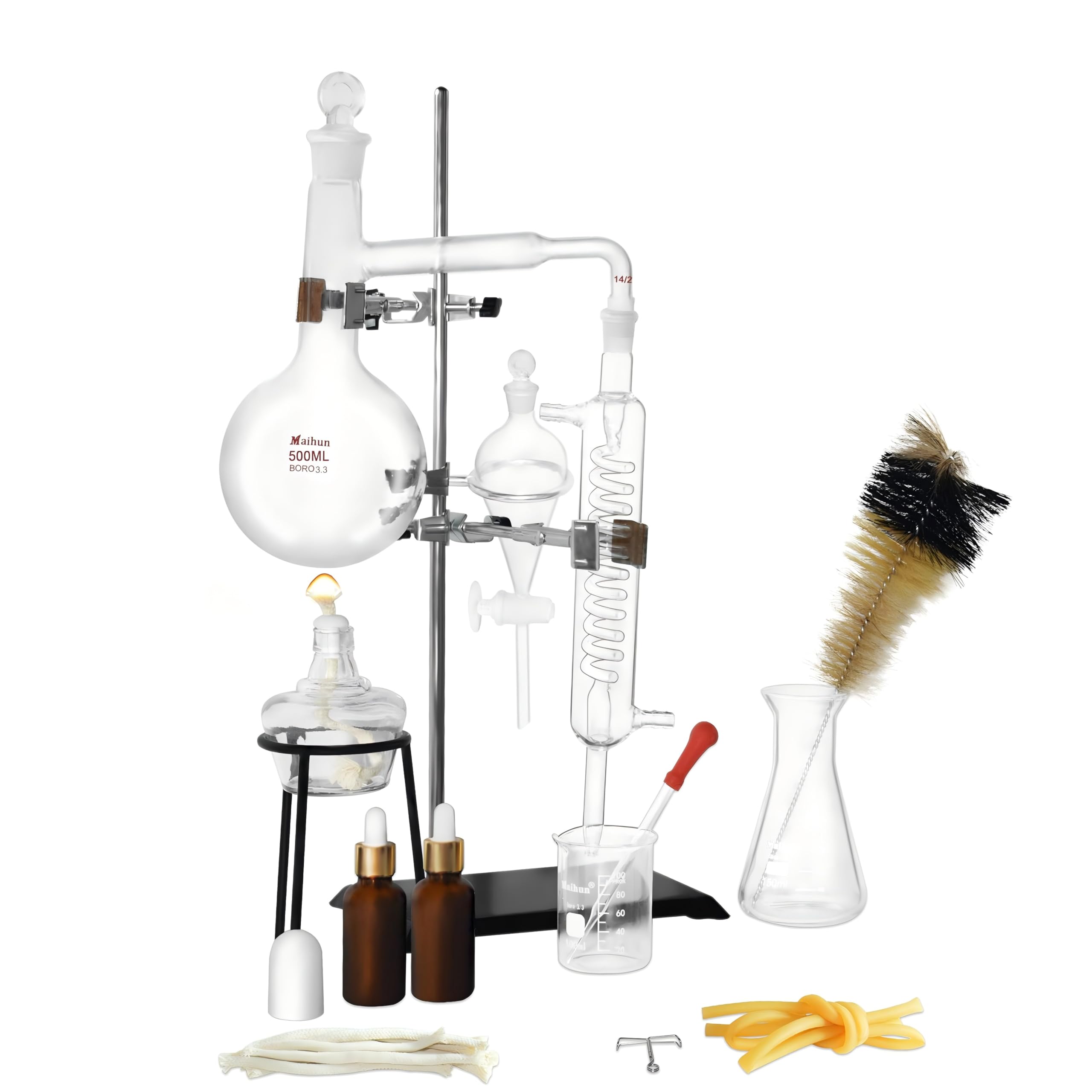 Cherish XT Home Distiller Distilling to Making Your Own Essential Oil, Moonshine, 3.3 Boro Alcohol Distiller Chemistry Lab Glassware Kit,Glass Distilling,Distillation Apparatus 15pcs Set, 500 ML