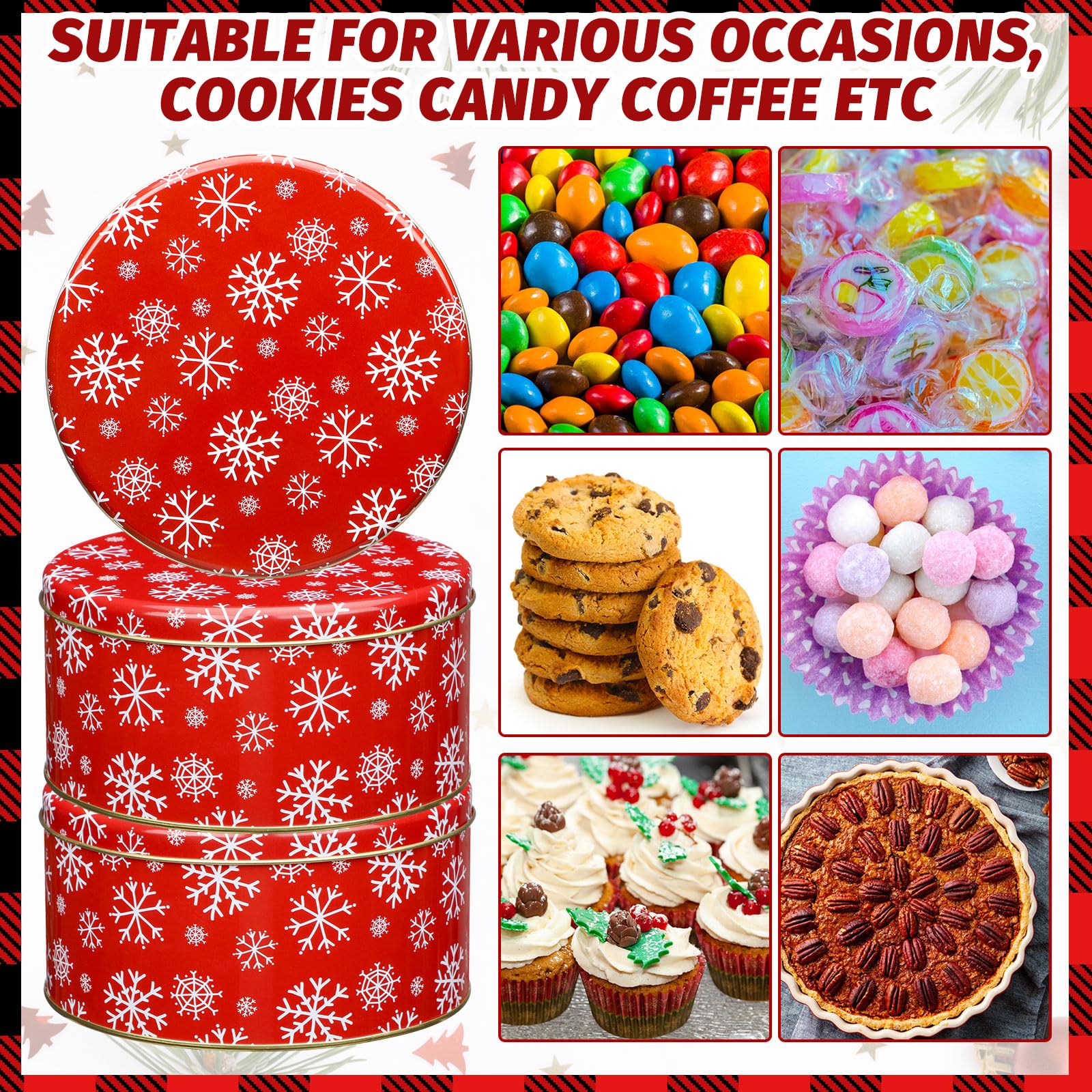 Suttmin 6 Pcs 7'' Christmas Cookie Tins with Lids Round Metal Cookie Container Xmas Snowflake Boxes Empty Holiday Decorative Tins for Gift Giving Cookie Baking Chocolate Snack Storage Cookie Tins