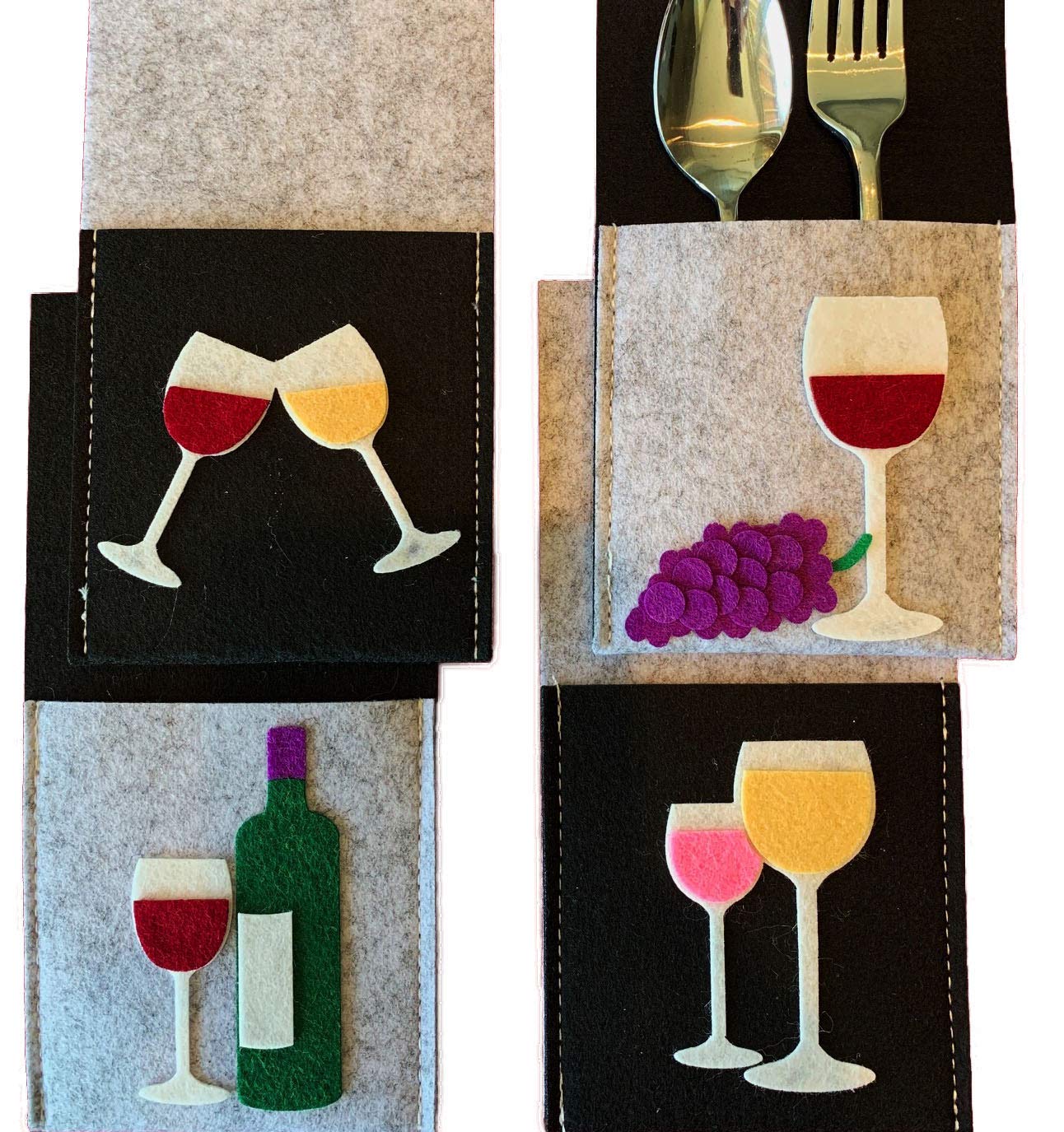 Wine Tasting Party Silverware Holders - 8 Pack Made of Sturdy, Colorful Felt with Fun Wine Bottle, Glass and Grape Images. Terrific for Entertaining or Book Club Hostess or House Warming Gift