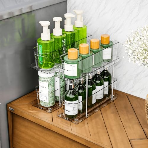 2 Set 2 Tier Bathroom Under Sink Organizers and Storage - 14.8"Deep x 5.1" Width - Suitable as Pantry Drawers Slide Out Shelves,Under Kitchen Sink Organizer,Narrow Pull Out Under Cabinet Organizer