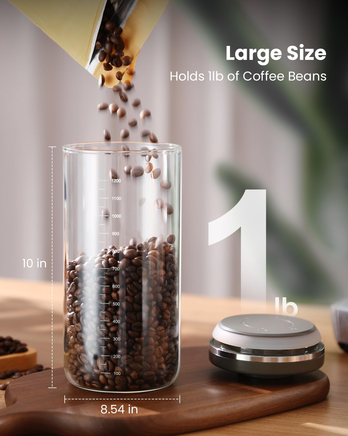 One-Press Button Coffee Canister with Airtight Lid, Borosilicate Glass Coffee Container with PP Silicone Lid, Food Storage Container for Grounds Coffee, 1lb Beans, Flour, Cereal, Sugar