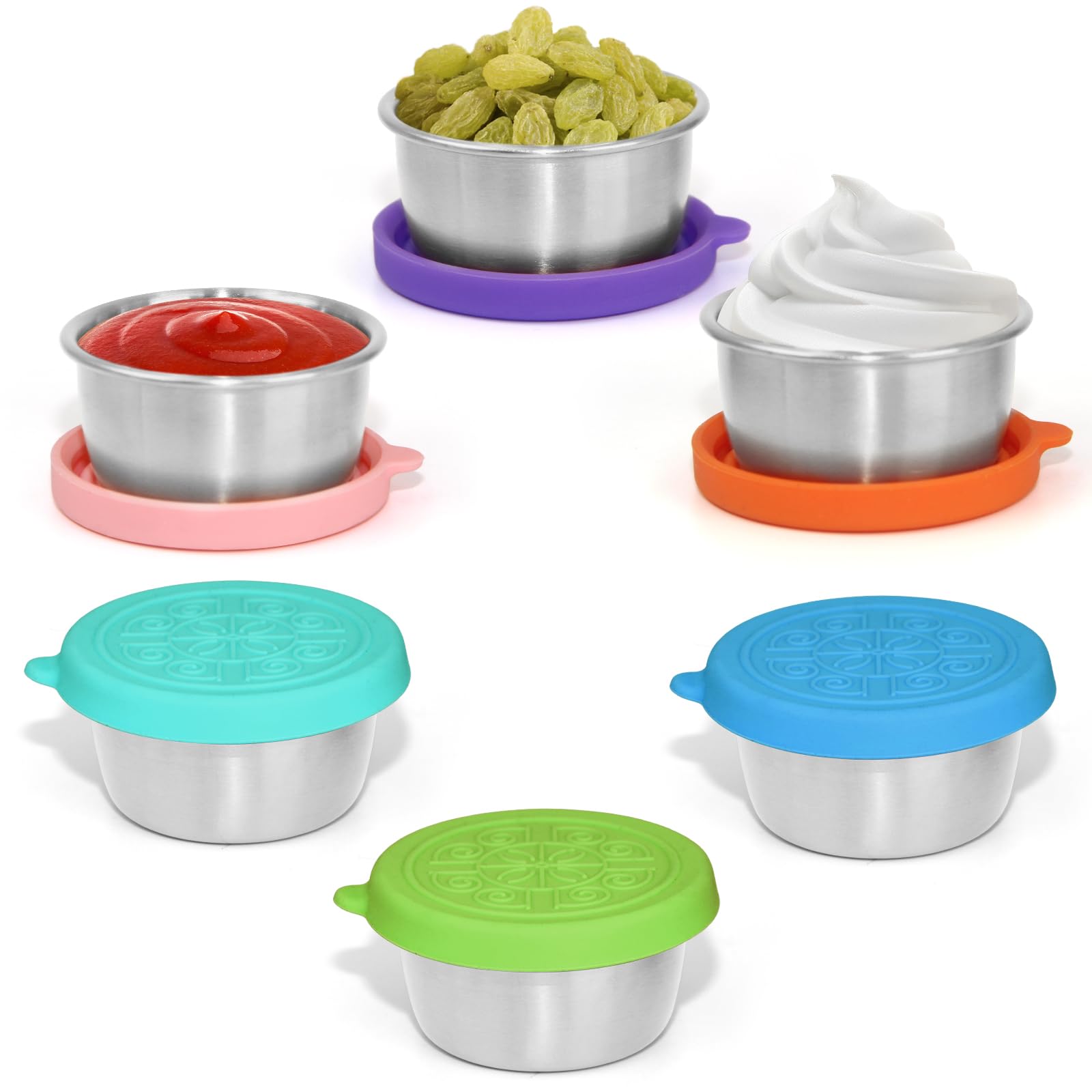 6x1.4 oz Reusable Salad Dressing Container To Go, Fits in Bento Box for Lunch, Stainless Steel Condiment Containers with Silicone Lids, Easy Open Leakproof, Rainbow Color Small Dipping Sauce Cups Set