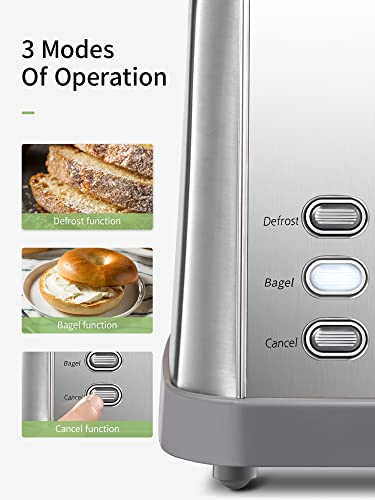 2 Slice Toaster, Retro Bagel Toaster Toaster with 7 Bread Shade Settings, 2 Extra Wide Slots, Defrost/Bagel/Cancel Function, Removable Crumb Tray, Stainless Steel Toaster by Yabano, Silver