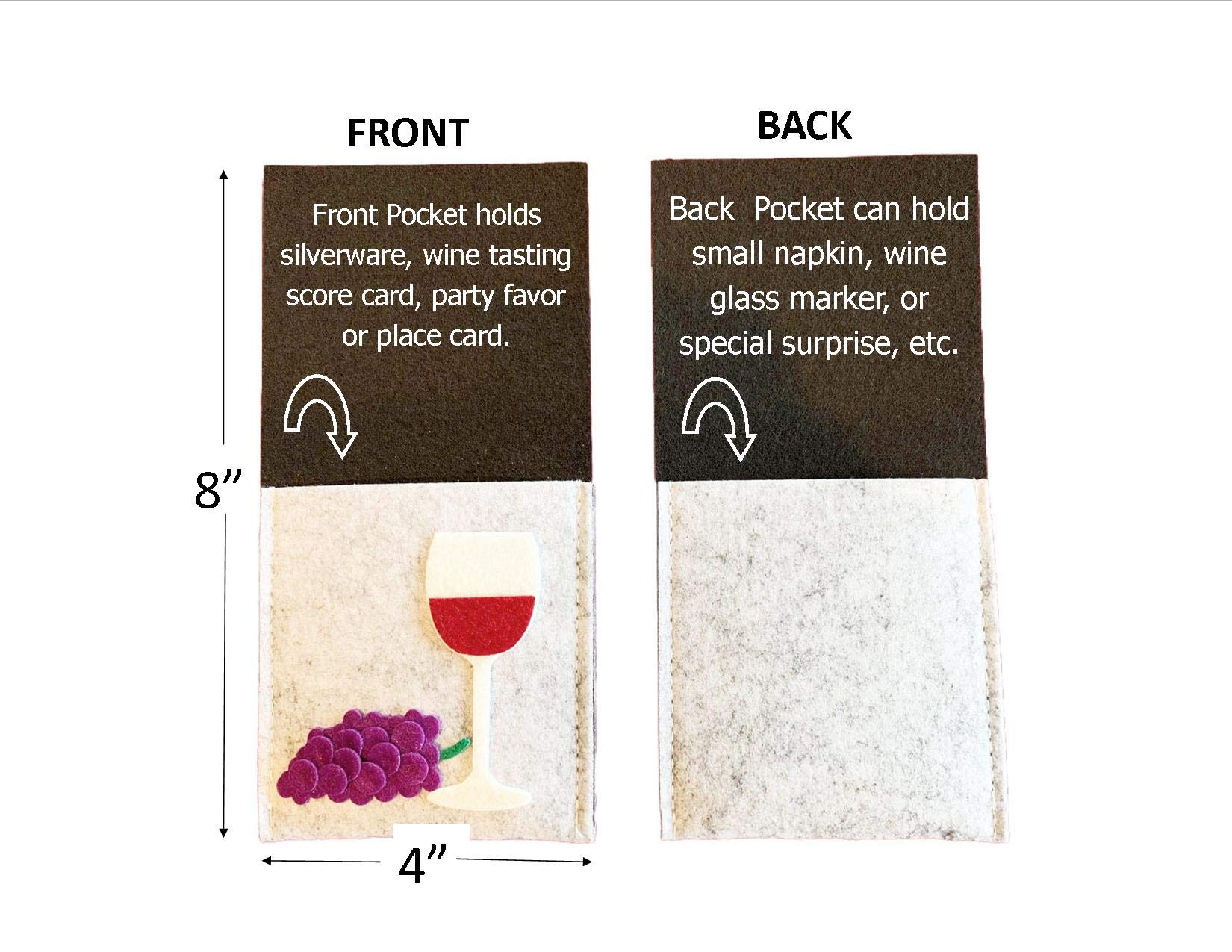 Wine Tasting Party Silverware Holders - 8 Pack Made of Sturdy, Colorful Felt with Fun Wine Bottle, Glass and Grape Images. Terrific for Entertaining or Book Club Hostess or House Warming Gift