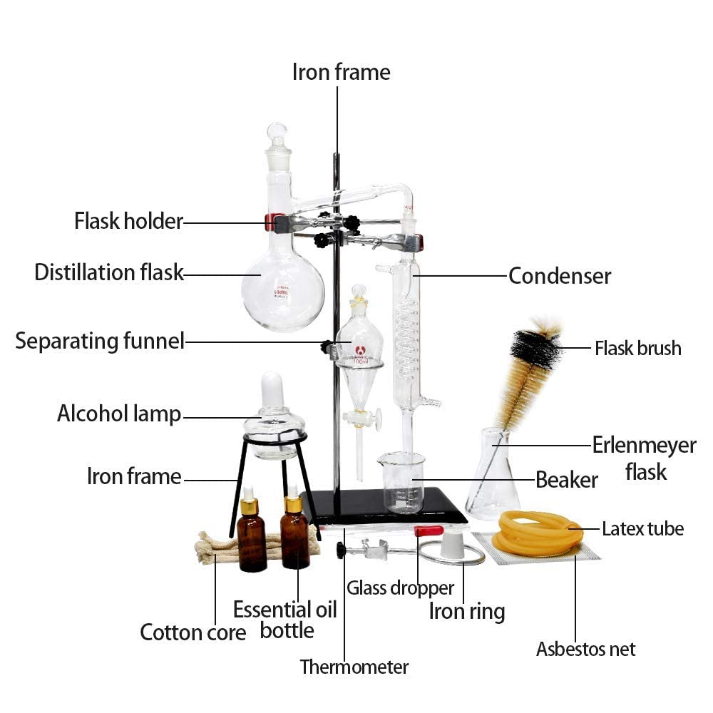 Cherish XT Home Distiller Distilling to Making Your Own Essential Oil, Moonshine, 3.3 Boro Alcohol Distiller Chemistry Lab Glassware Kit,Glass Distilling,Distillation Apparatus 15pcs Set, 500 ML