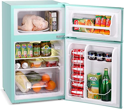 Antarctic Star Compact Mini Refrigerator Separate Freezer, Small Fridge Double 2-Door Adjustable Removable Retro Stainless Steel Shelves Garage Camper Basement/Dorm/Office 3.2 cu ft.Green