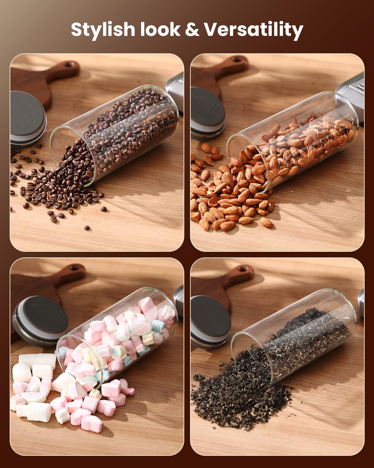 One-Press Button Coffee Canister with Airtight Lid, Borosilicate Glass Coffee Container with PP Silicone Lid, Food Storage Container for Grounds Coffee, 1lb Beans, Flour, Cereal, Sugar