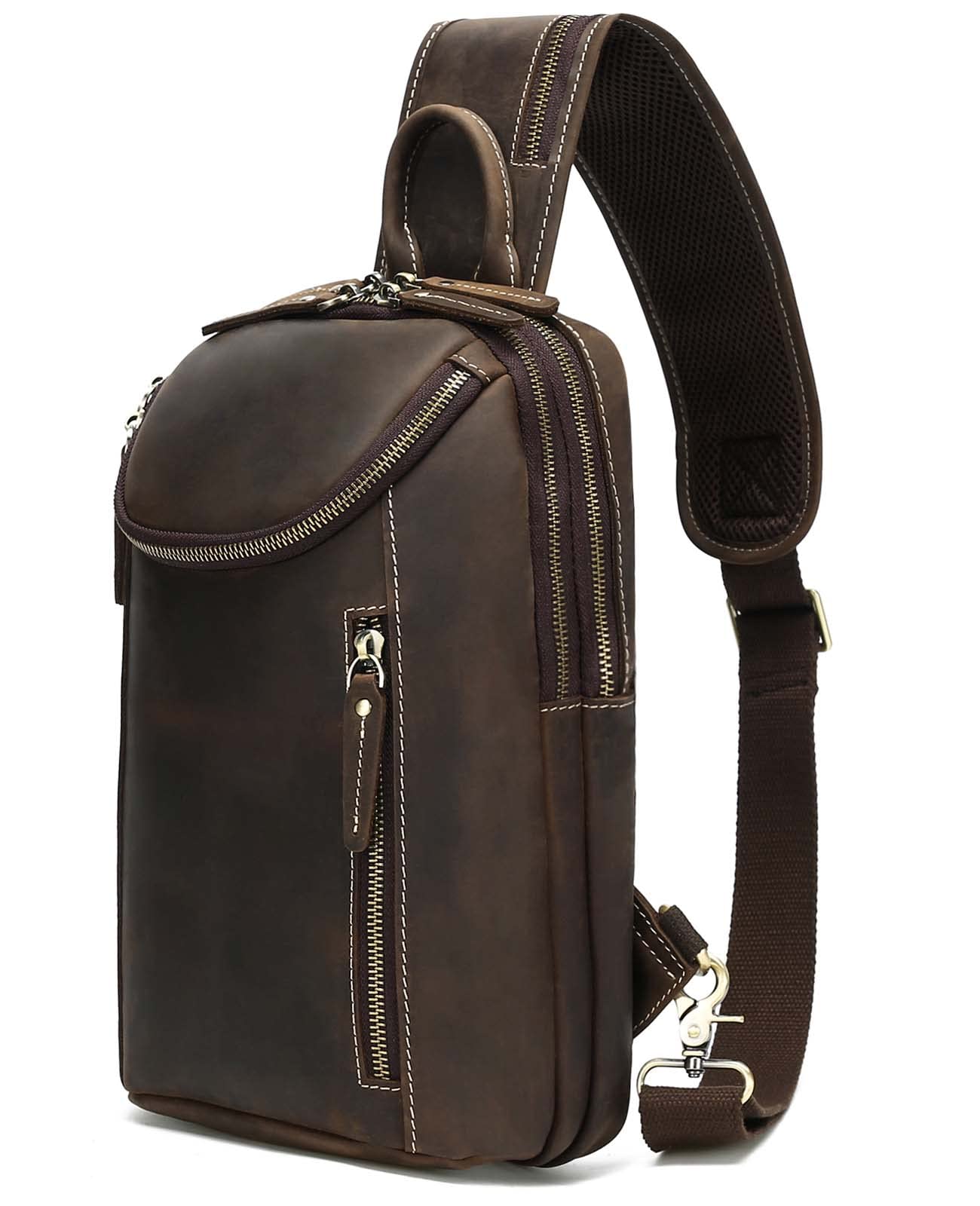 Taertii Small Leather Sling Bag, One Strap Shoulder Crossbody Chest Backpack Daypack for Hiking Travel - Brown (8"x13")