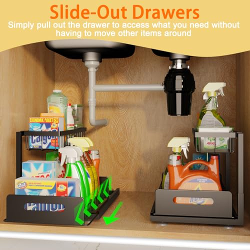 Stoigeld 2 Tier Under Sink Organizer and Storage for Kitchen,Pull Out Cabinet Organizer,Multi-Purpose Sink Organizer with Sliding Drawer for Bathroom - 2 Pcs