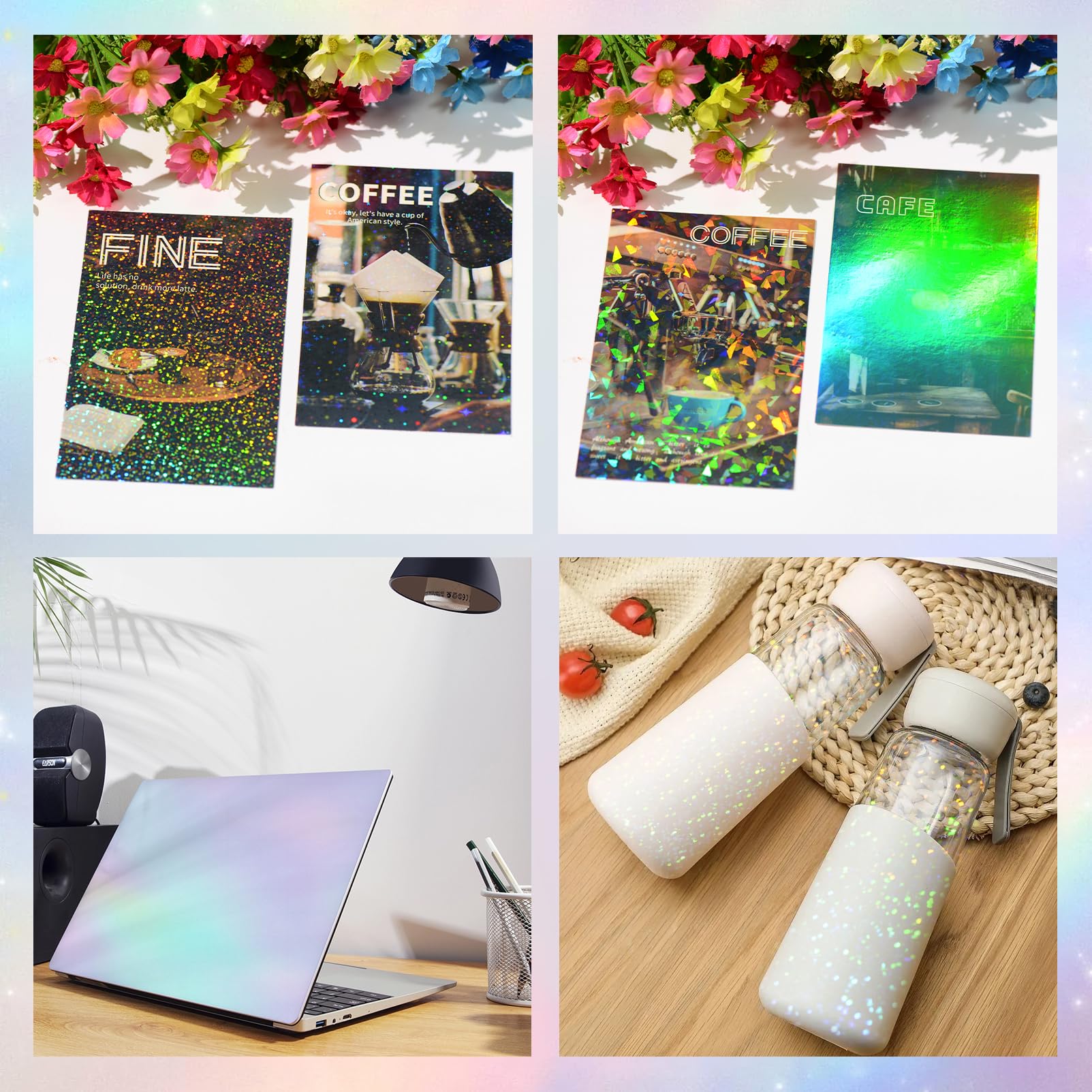 36 Sheets Holographic Sticker Paper, Transparent Holographic Vinyl Laminate Film, Clear Overlay Lamination Sticker Paper Self Adhesive Waterproof - Gem, Dot, Colorful, Star Patterns/8.5x11 inch