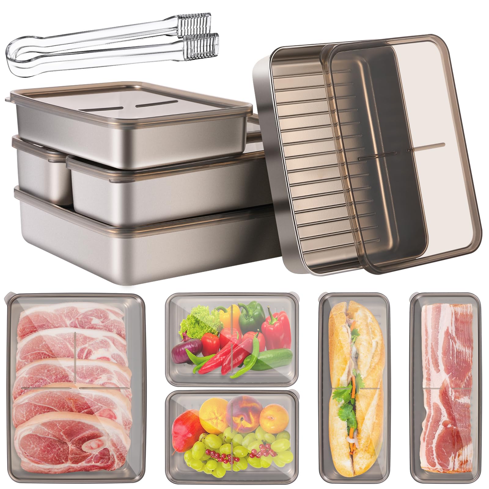 JolliKids 5 Pack Deli Meat Container for Fridge, 304 Stainless Steel Bacon Container Refrigerator Organizers and Storage, Kitchen Food Storage Containers with Lids for Fridge, 3 Sizes