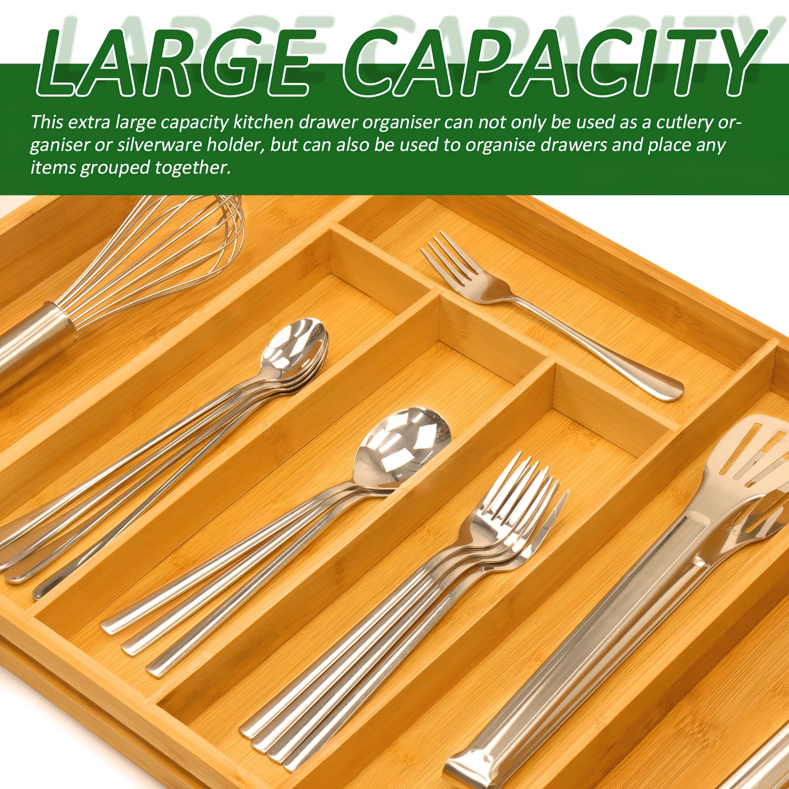 Mxbamhyc 2 Pack Silverware Organizer for Drawer,Bamboo Expandable Kitchen Flatware Organizer,Adjustable Utensil Cutlery Organizer/Holder.