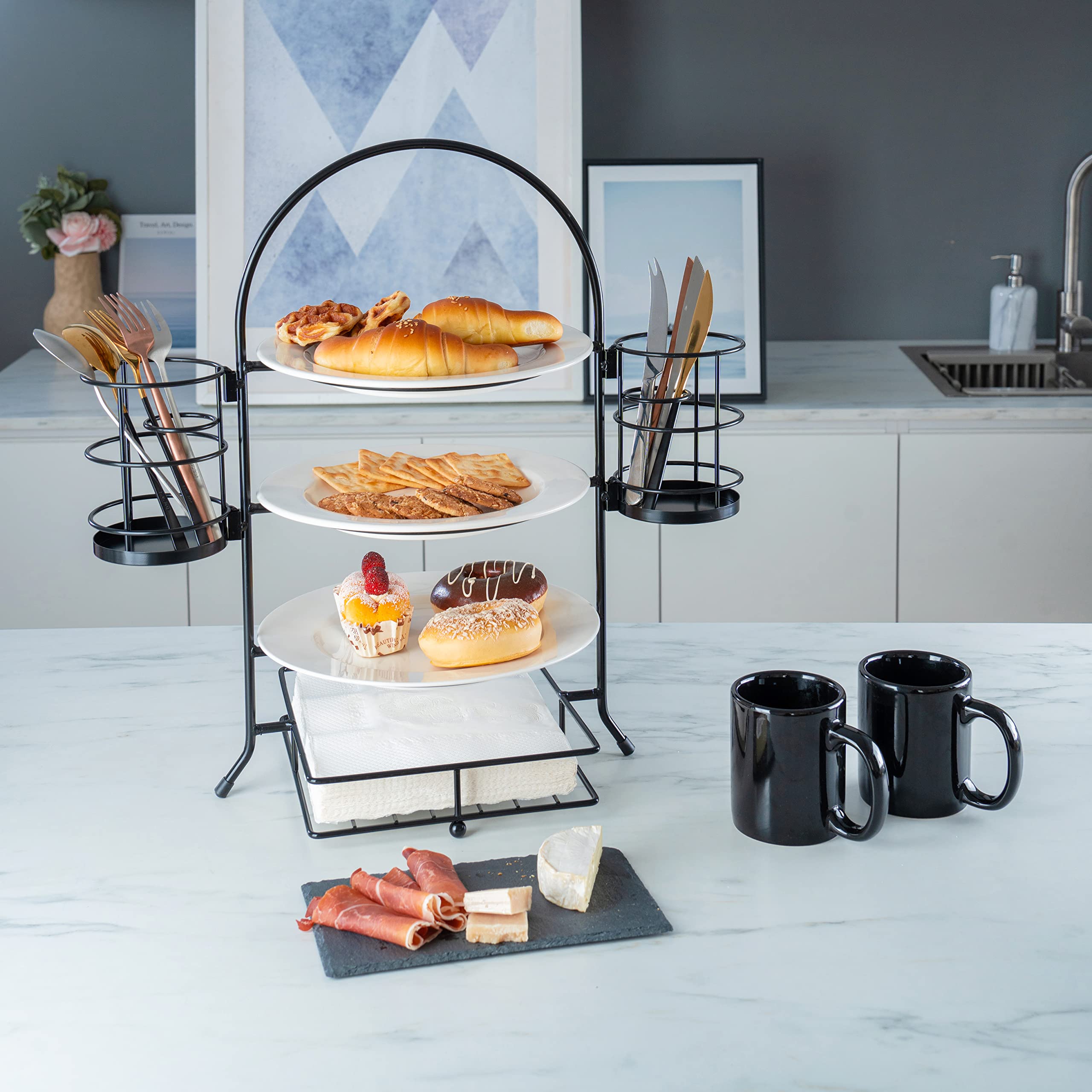 Creative Home 3-Tier Plate Rack Napkin Holder Buffet Caddy Storage Organizer with Removable Flatware Utensil Holder, Black
