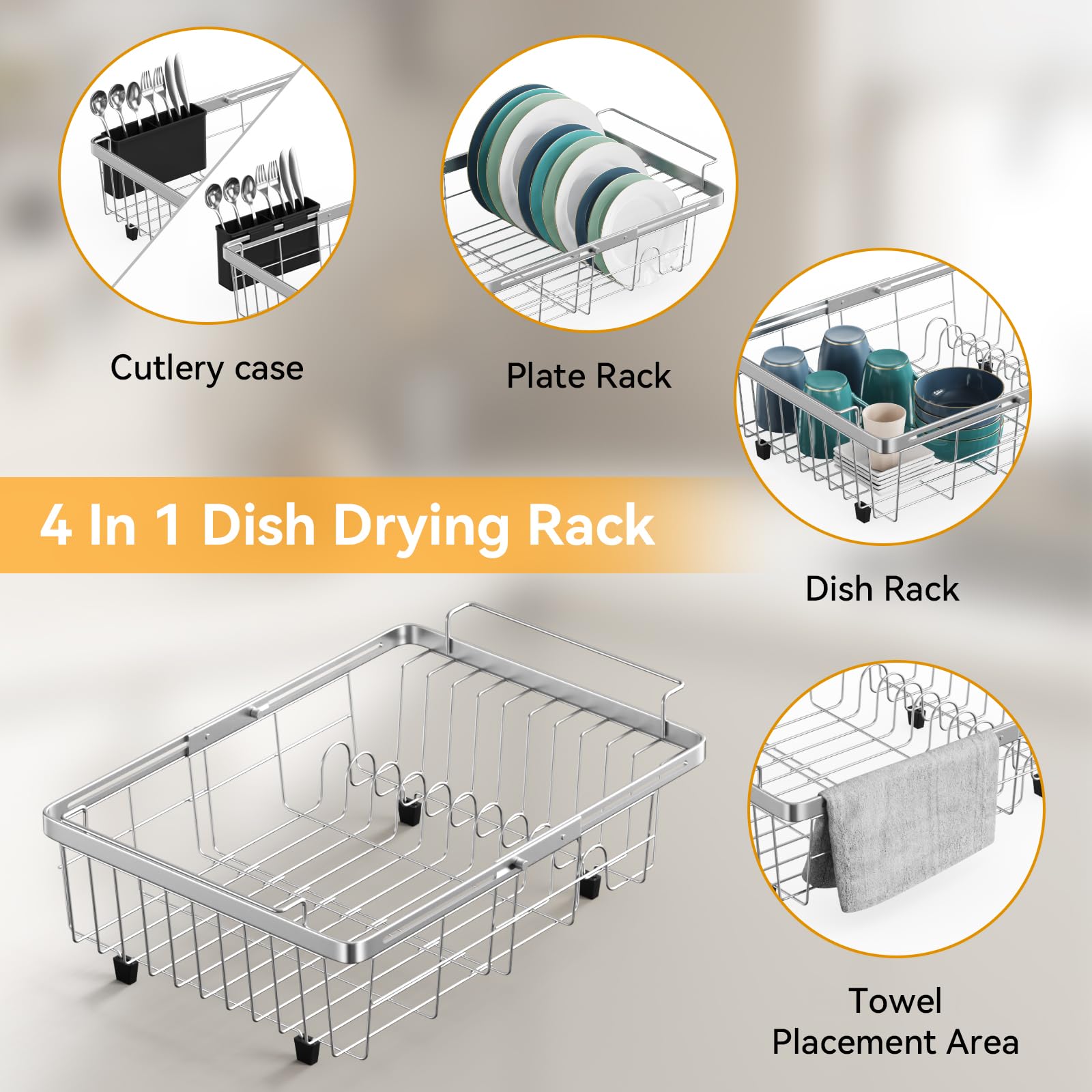 Orgneas Capacity Expandable Dish Drying Rack in Sink, Stainless Steel Rustproof Over Sink Dish Drainer Rack with Utensil Holder for RV Kitchen Counter, Fit for Inside Width 10.5''~17'' Sinks