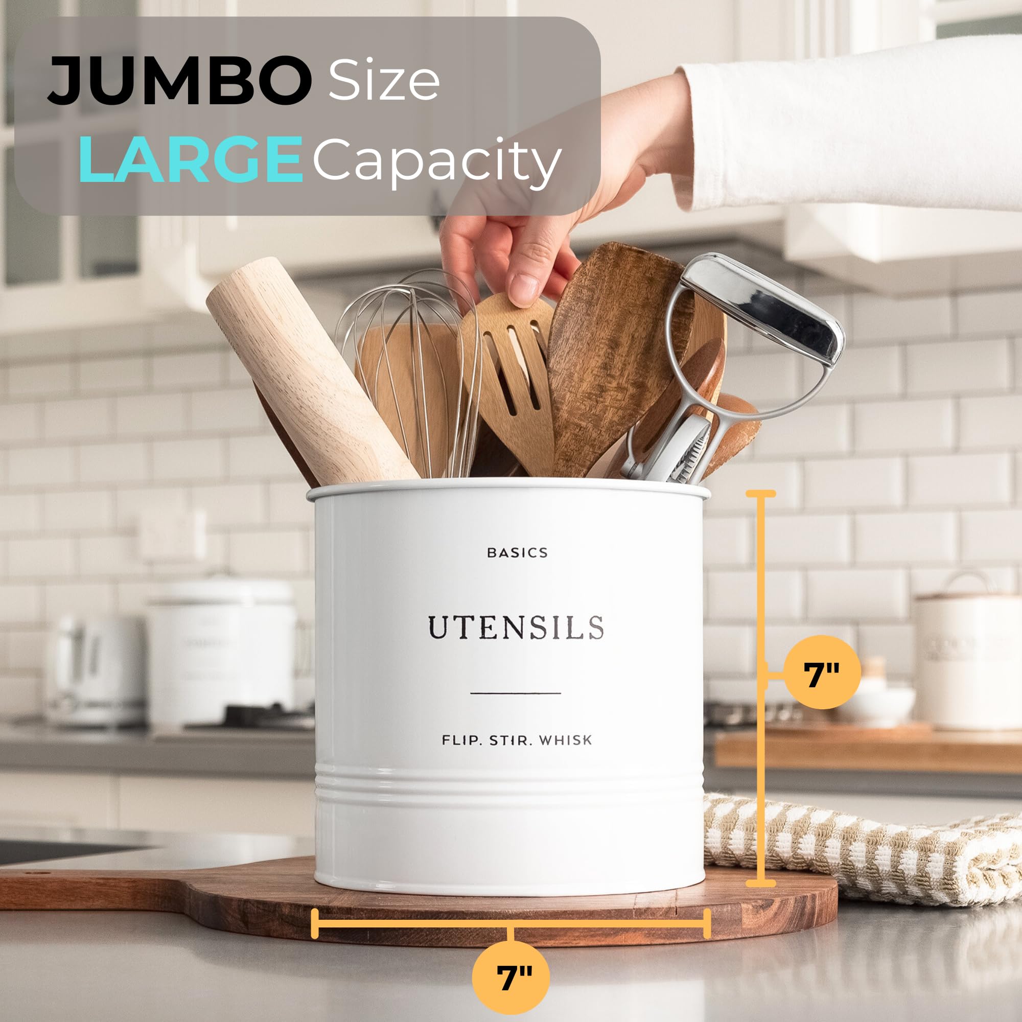 D'Lifeful Farmhouse Kitchen Utensil Holder (Jumbo Size - 7" x 7”) - Large Utensil Caddy for Countertop, Utensil Holder for Kitchen Counter Decor, Utensil Organizer (White)