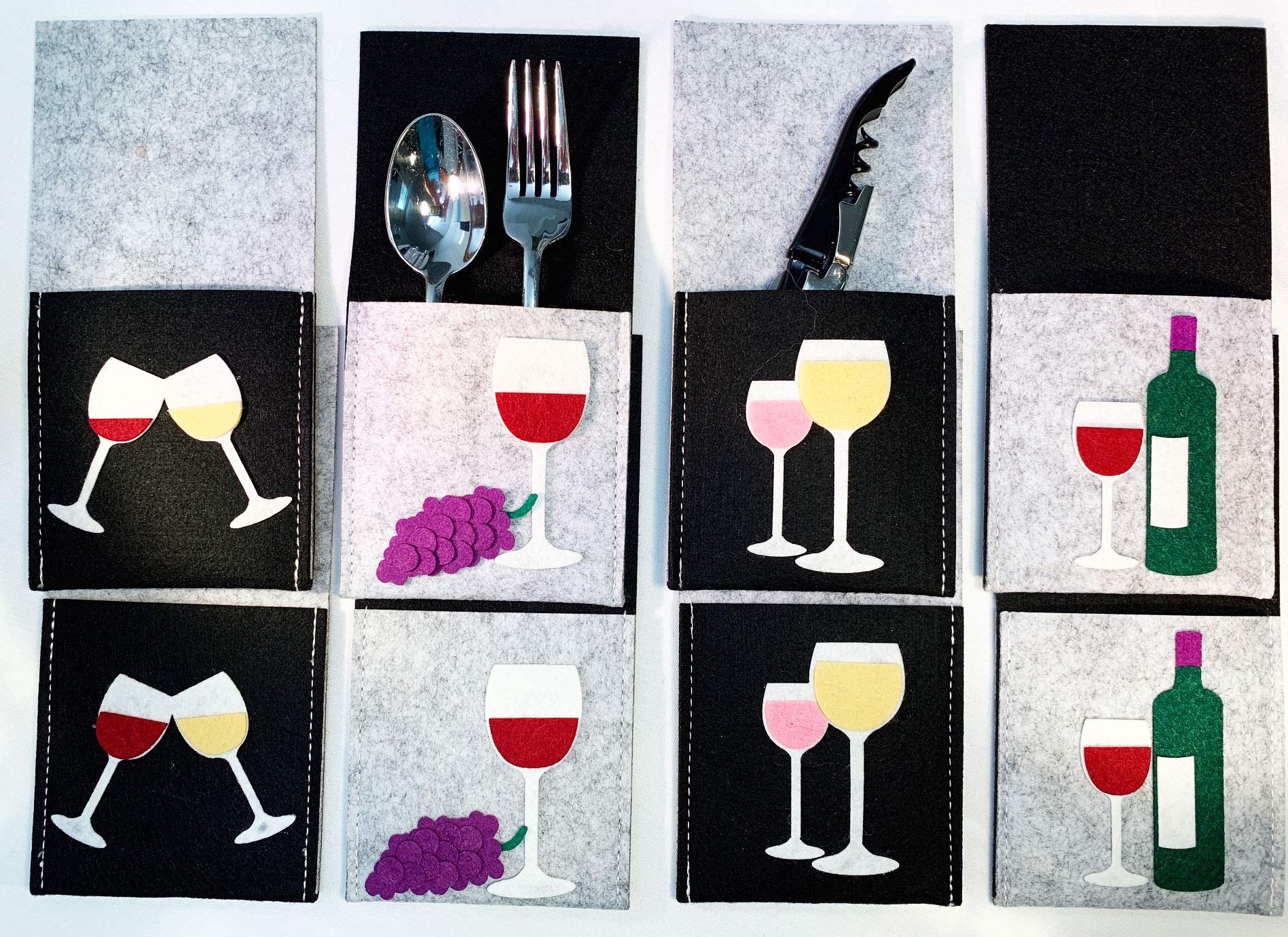 Wine Tasting Party Silverware Holders - 8 Pack Made of Sturdy, Colorful Felt with Fun Wine Bottle, Glass and Grape Images. Terrific for Entertaining or Book Club Hostess or House Warming Gift