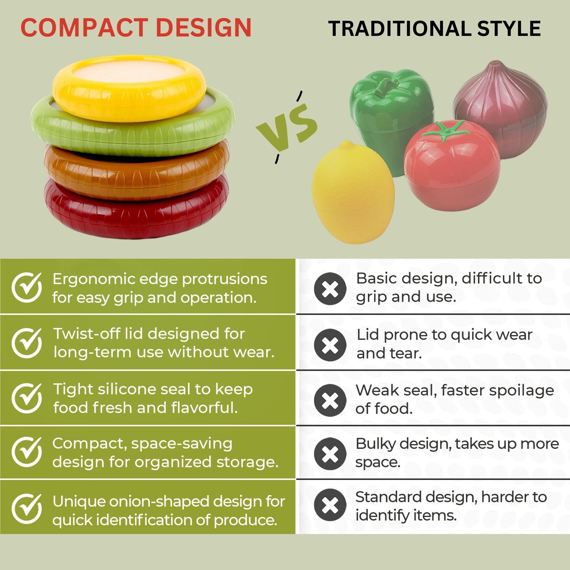 Non Slip Silicone Fruit and Vegetable Storage Containers For Fridge, Garlic Holder, Ideal for Avocado, Tomato, Onion, Lemon Halves | Herb Saver with Anti-Oxidation Design | Reusable Produce Saver 4pcs