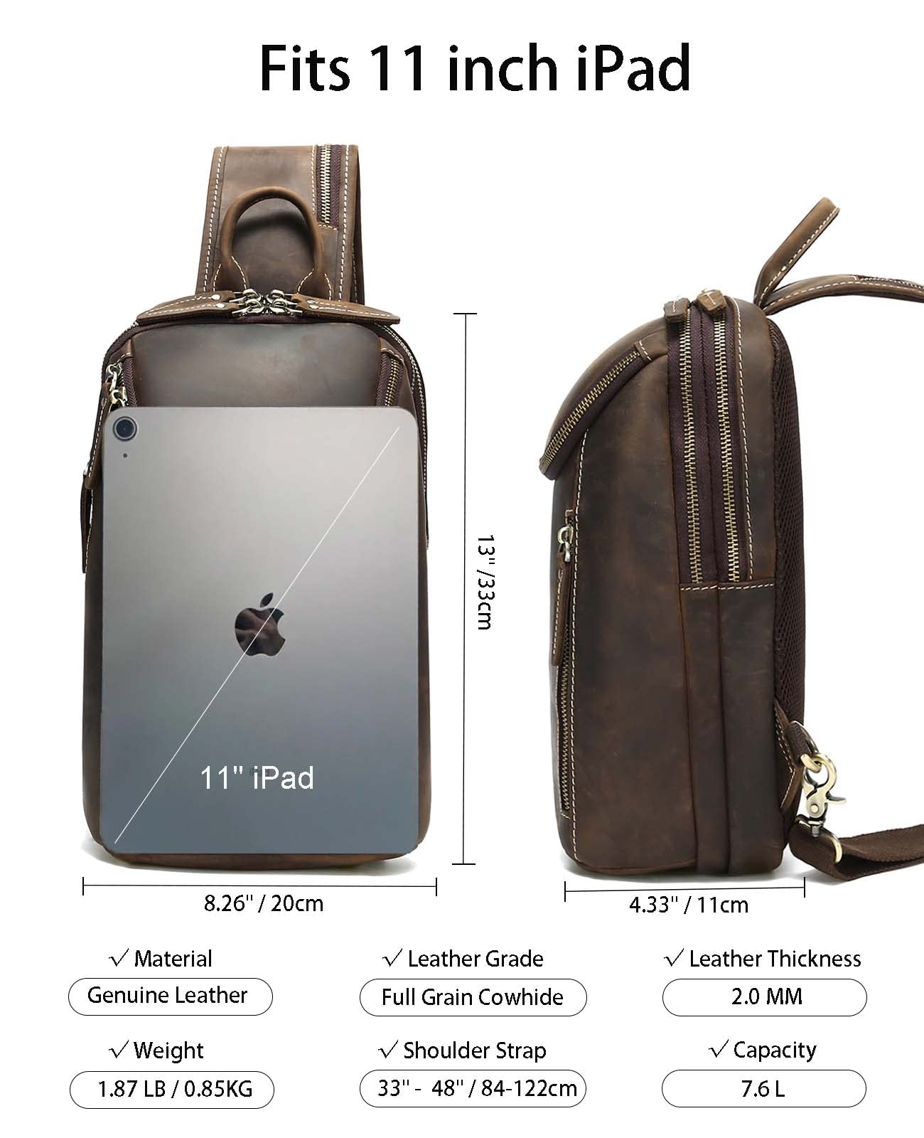 Taertii Small Leather Sling Bag, One Strap Shoulder Crossbody Chest Backpack Daypack for Hiking Travel - Brown (8"x13")