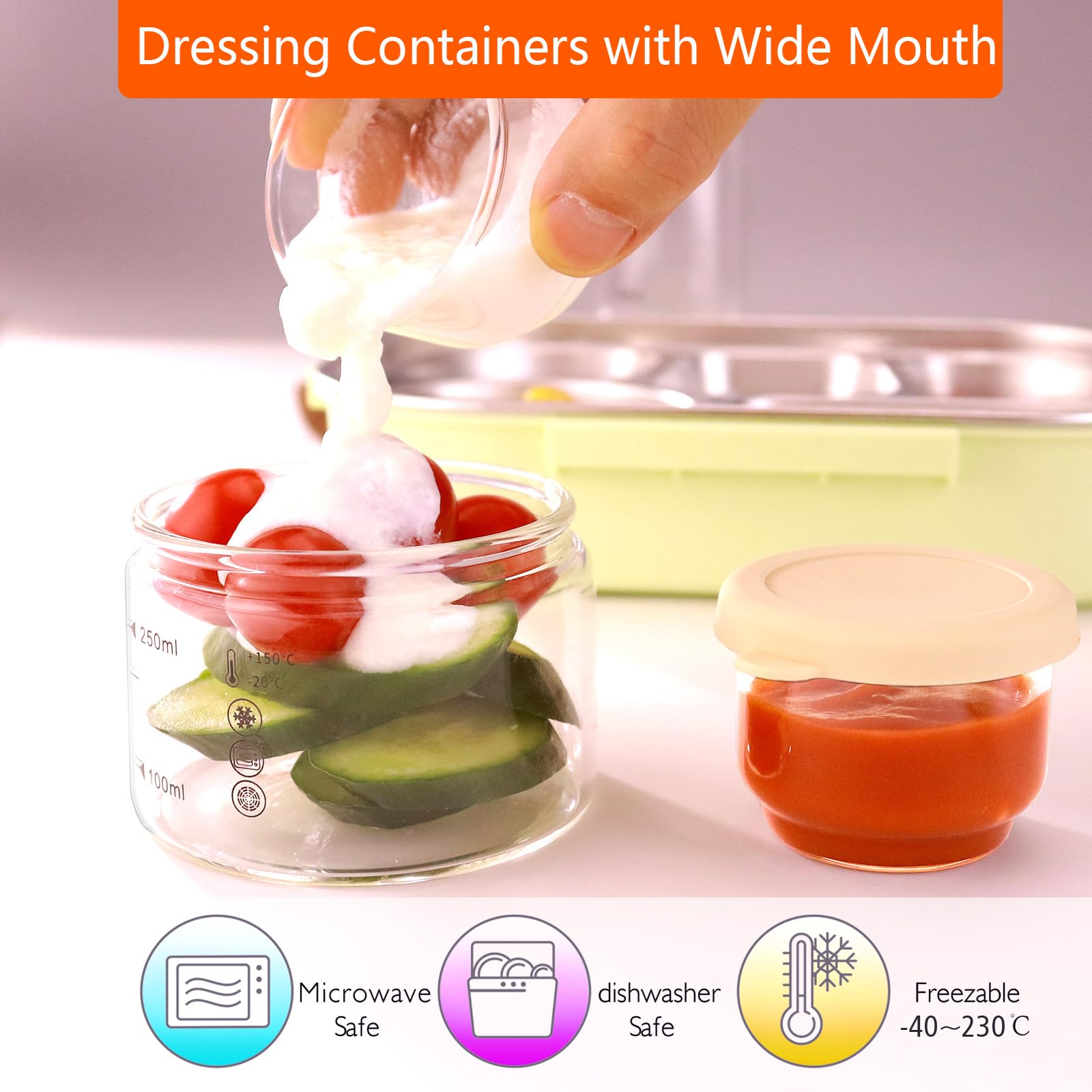 Matifaner Salad Dressing Container To Go, 2.7 oz Glass Small Condiment Container with Lids, Dipping Sauce Cups for Lunch Box, Leakproof Reusable Sauce Containers, Salad Jars Meal Prep (2.7oz×2pcs)