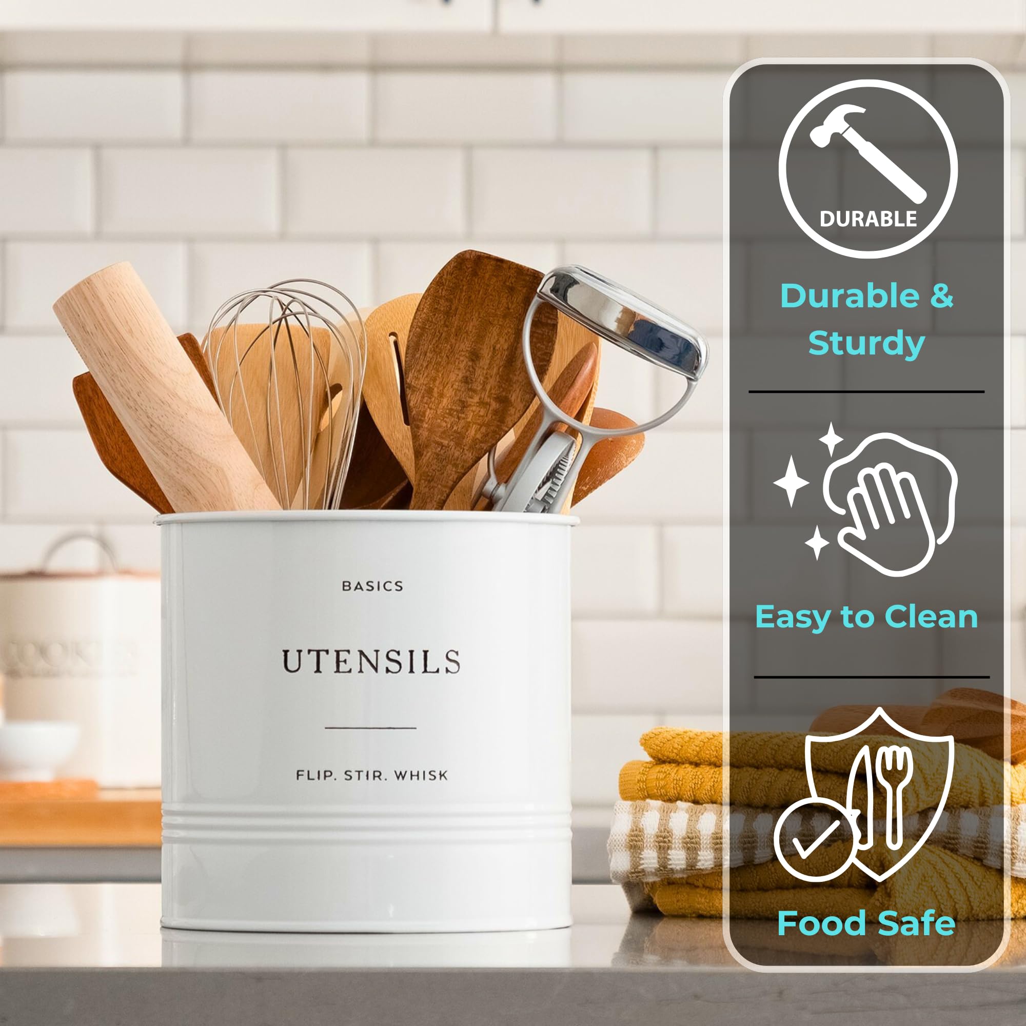 D'Lifeful Farmhouse Kitchen Utensil Holder (Jumbo Size - 7" x 7”) - Large Utensil Caddy for Countertop, Utensil Holder for Kitchen Counter Decor, Utensil Organizer (White)