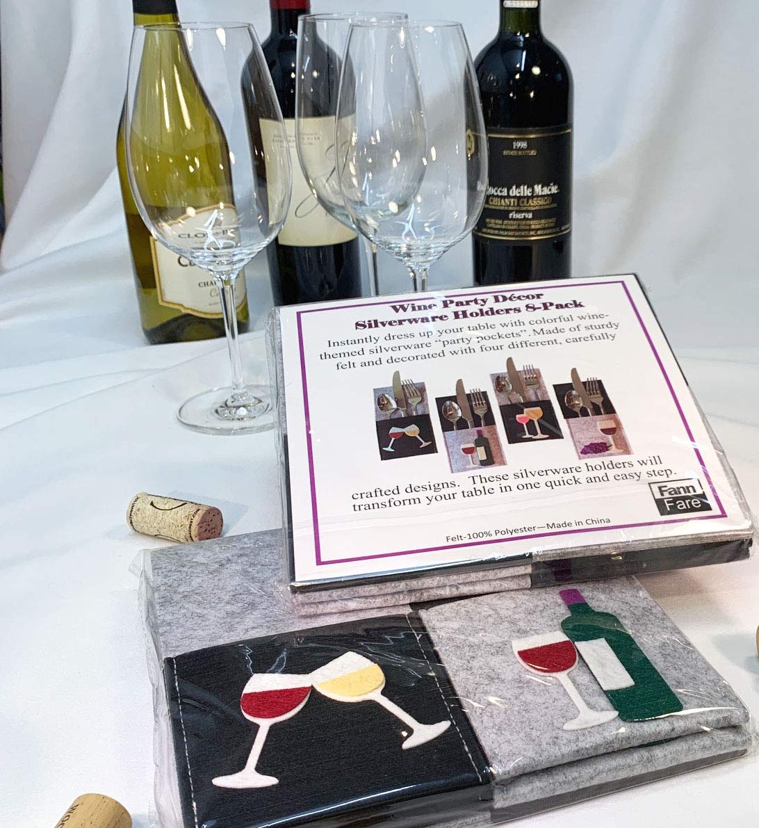 Wine Tasting Party Silverware Holders - 8 Pack Made of Sturdy, Colorful Felt with Fun Wine Bottle, Glass and Grape Images. Terrific for Entertaining or Book Club Hostess or House Warming Gift