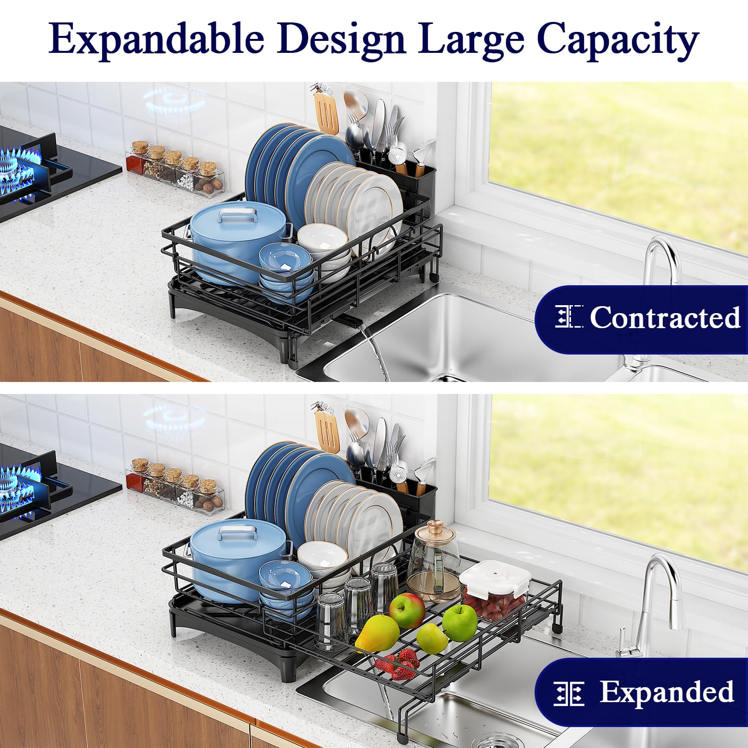 Large Dish Drying Rack,Extendable Dish Rack With Cutlery Holder, Anti-Rust Black Dish Racks For Kitchen Counter,Stainless Steel Dish Drainers For Kitchen Counter,Over The Sink Drying Rack Kitchen