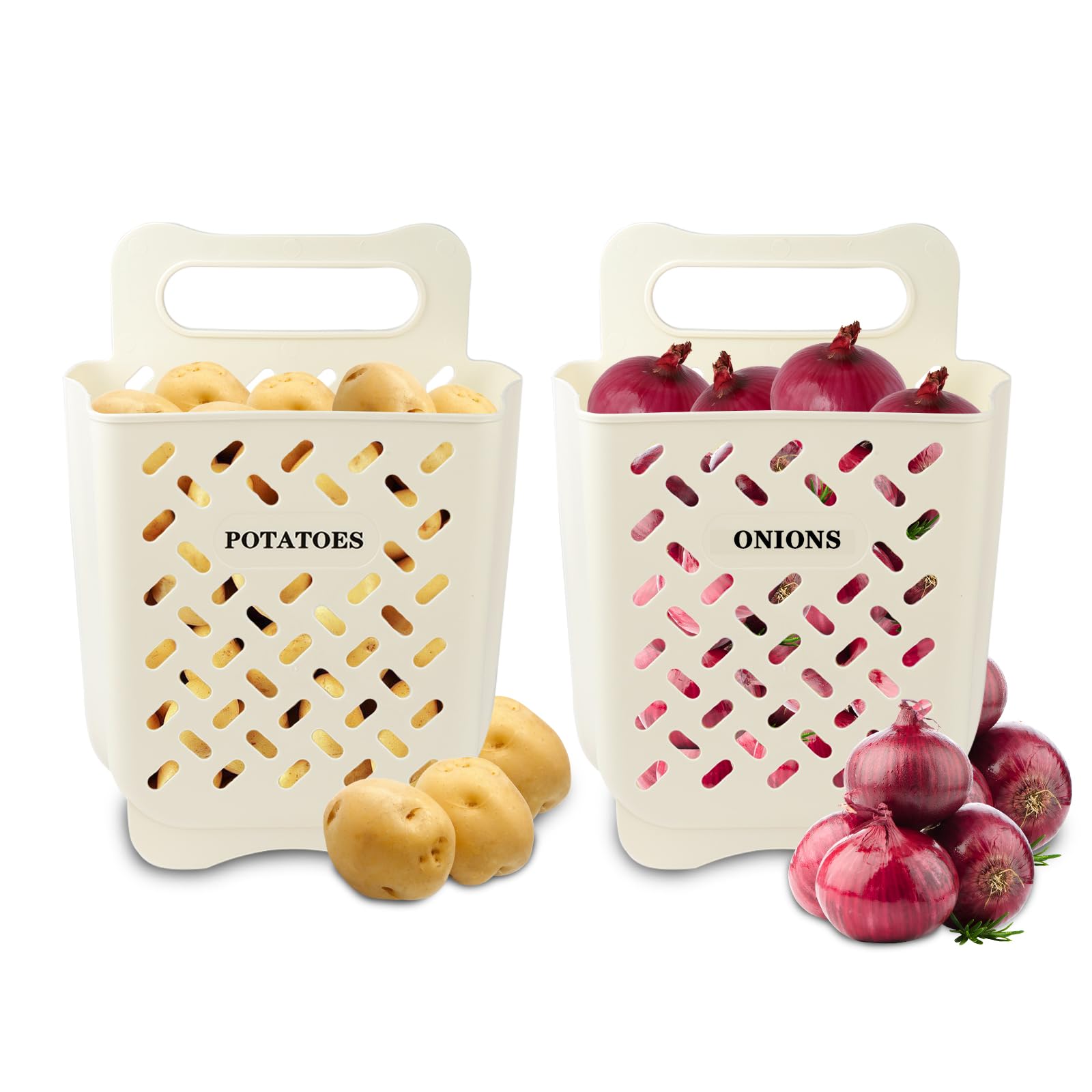 Onion Potato Storage 2 Set Potato and Onion Bins Foldable Plastic Pantry Storage Large Capacity Laundry Basket Kitchen Countertop Organizer With Handles for Onion, Fruit, Produce, Vegetable, Potato