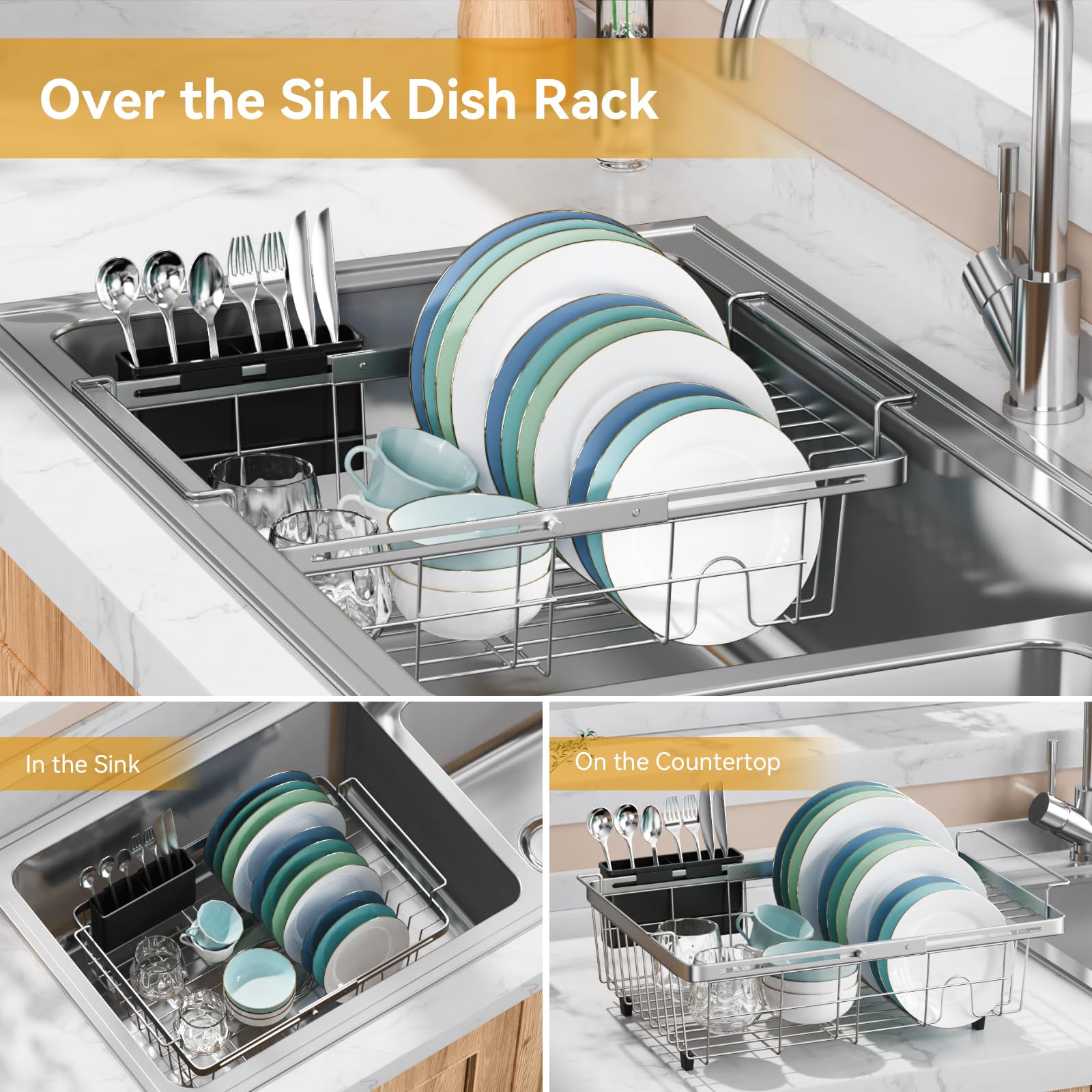 Orgneas Capacity Expandable Dish Drying Rack in Sink, Stainless Steel Rustproof Over Sink Dish Drainer Rack with Utensil Holder for RV Kitchen Counter, Fit for Inside Width 10.5''~17'' Sinks