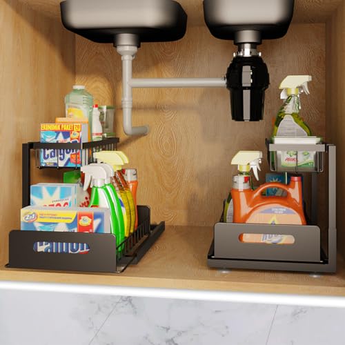 Stoigeld 2 Tier Under Sink Organizer and Storage for Kitchen,Pull Out Cabinet Organizer,Multi-Purpose Sink Organizer with Sliding Drawer for Bathroom - 2 Pcs