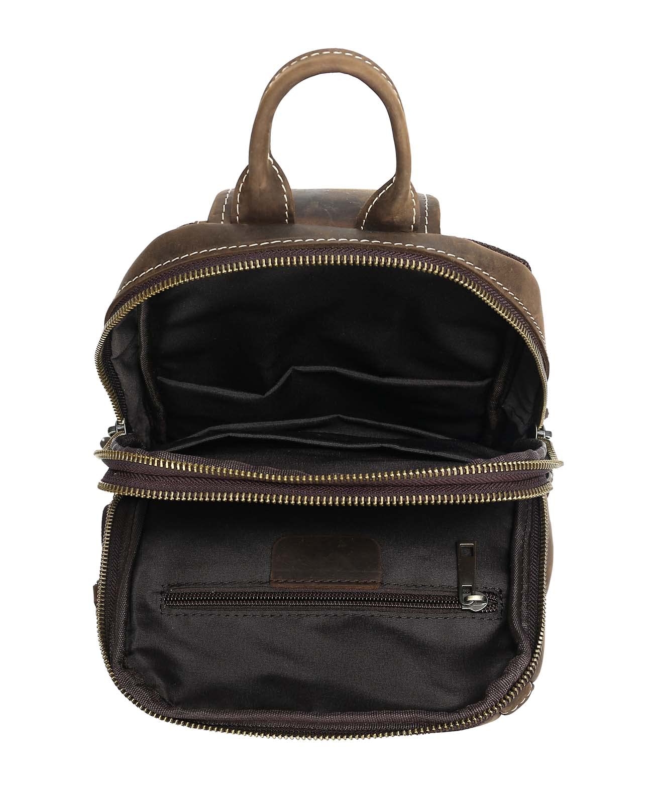 Taertii Small Leather Sling Bag, One Strap Shoulder Crossbody Chest Backpack Daypack for Hiking Travel - Brown (8"x13")