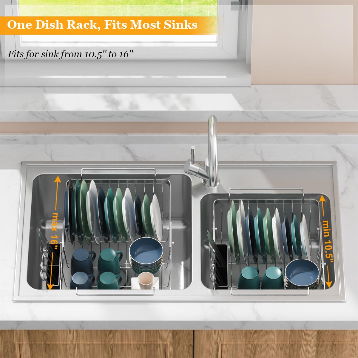 Orgneas Capacity Expandable Dish Drying Rack in Sink, Stainless Steel Rustproof Over Sink Dish Drainer Rack with Utensil Holder for RV Kitchen Counter, Fit for Inside Width 10.5''~17'' Sinks
