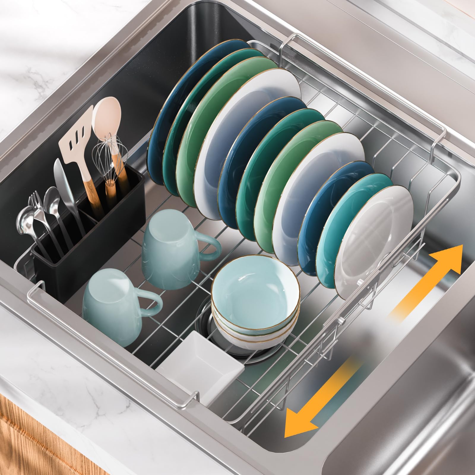 Orgneas Capacity Expandable Dish Drying Rack in Sink, Stainless Steel Rustproof Over Sink Dish Drainer Rack with Utensil Holder for RV Kitchen Counter, Fit for Inside Width 10.5''~17'' Sinks