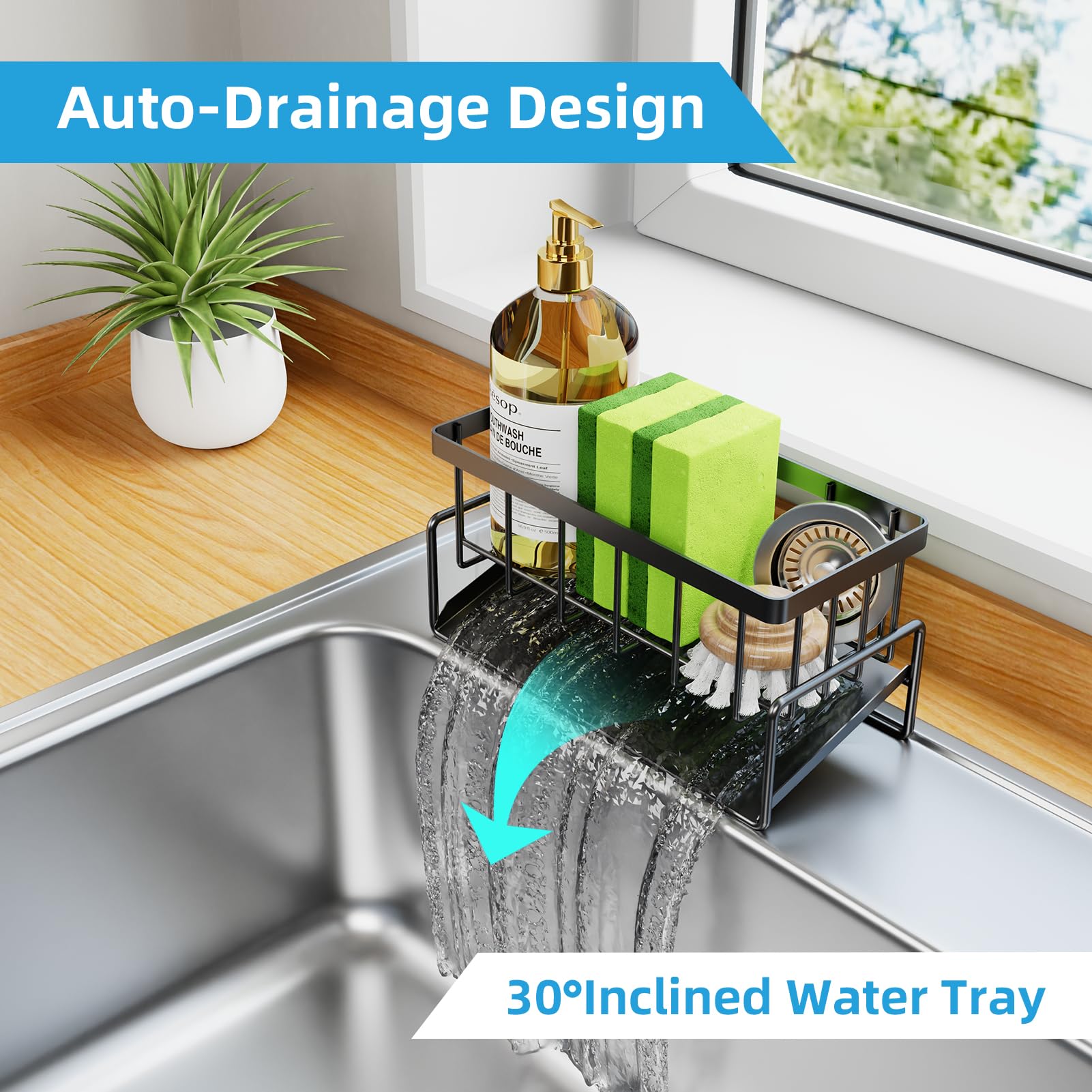 HAYOLPORS Sponge Holder for Kitchen Sink - Rustproof Sink Caddy for Countertop, Kitchen Sink Organizers and Storage Dish Soap Dispenser Home Gadgets Essentials Organization Accessories, Black