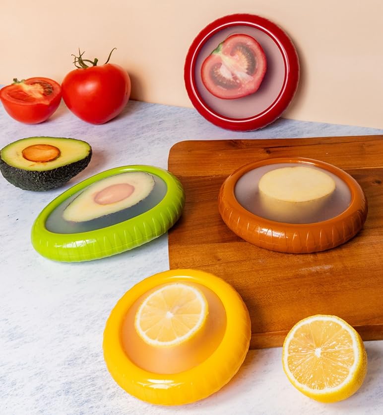 4pcs Silicone Fruit Storage Box, Upgrated Silicone Fruit And Vegetable Anti-Oxidation Storage Containers, Fresh Preservation Box for Avocado Tomato Onion Lemon, Container Set for Fridge Keep Fresh